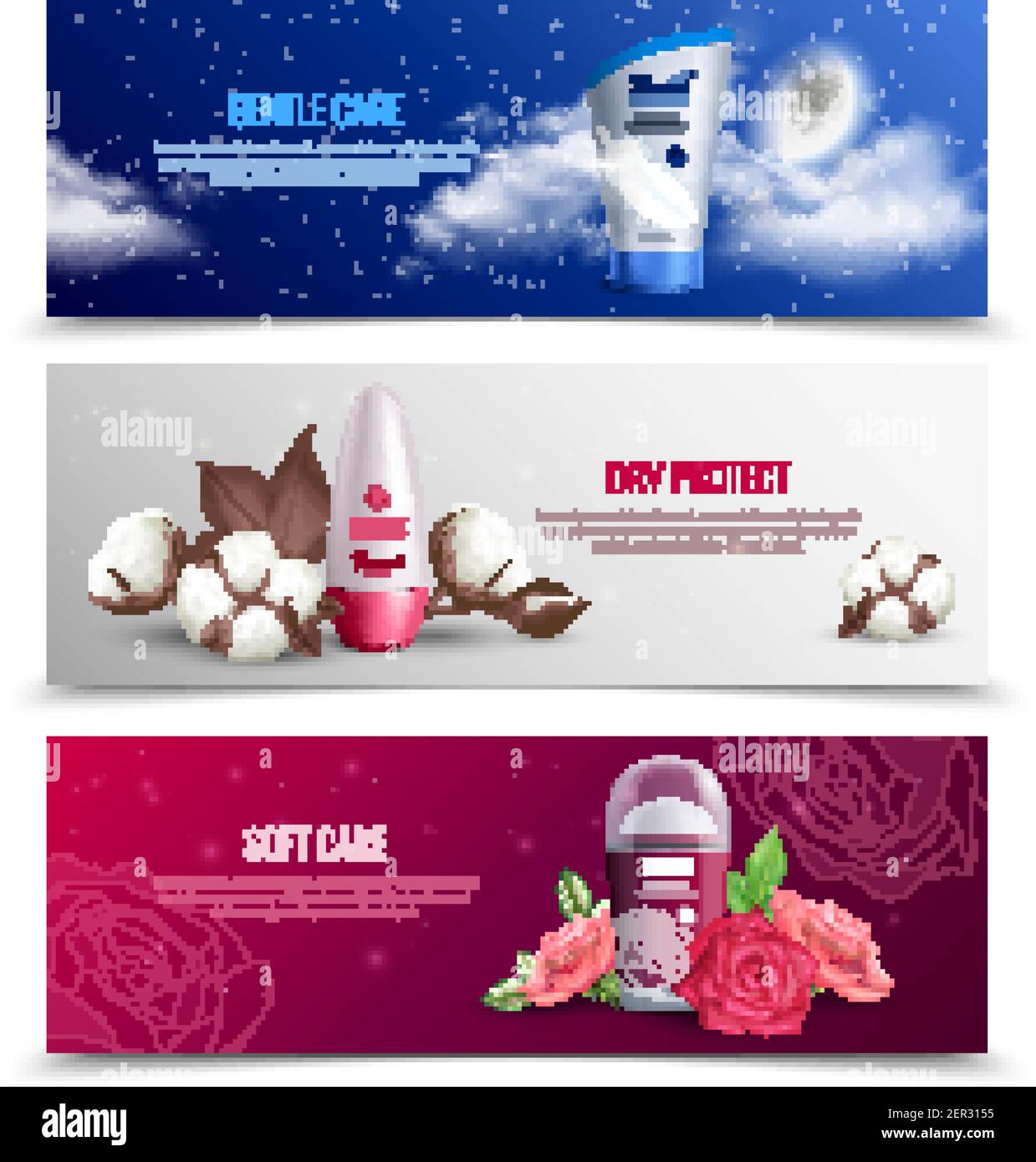 Colored horizontal banners presenting deodorant providing gentle and ...