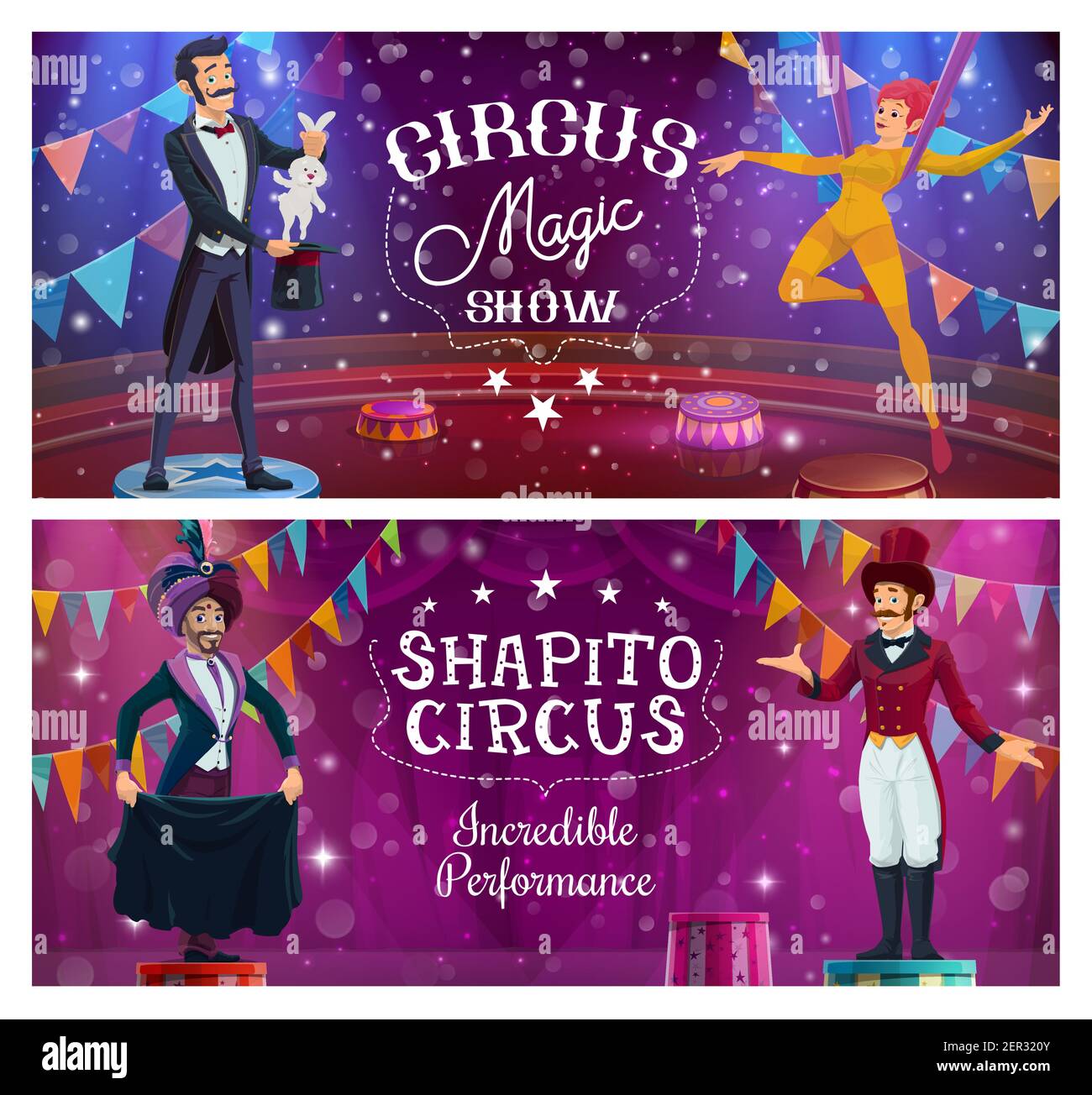 Circus performers, big top show with ringmaster, illusionist, aerial ...