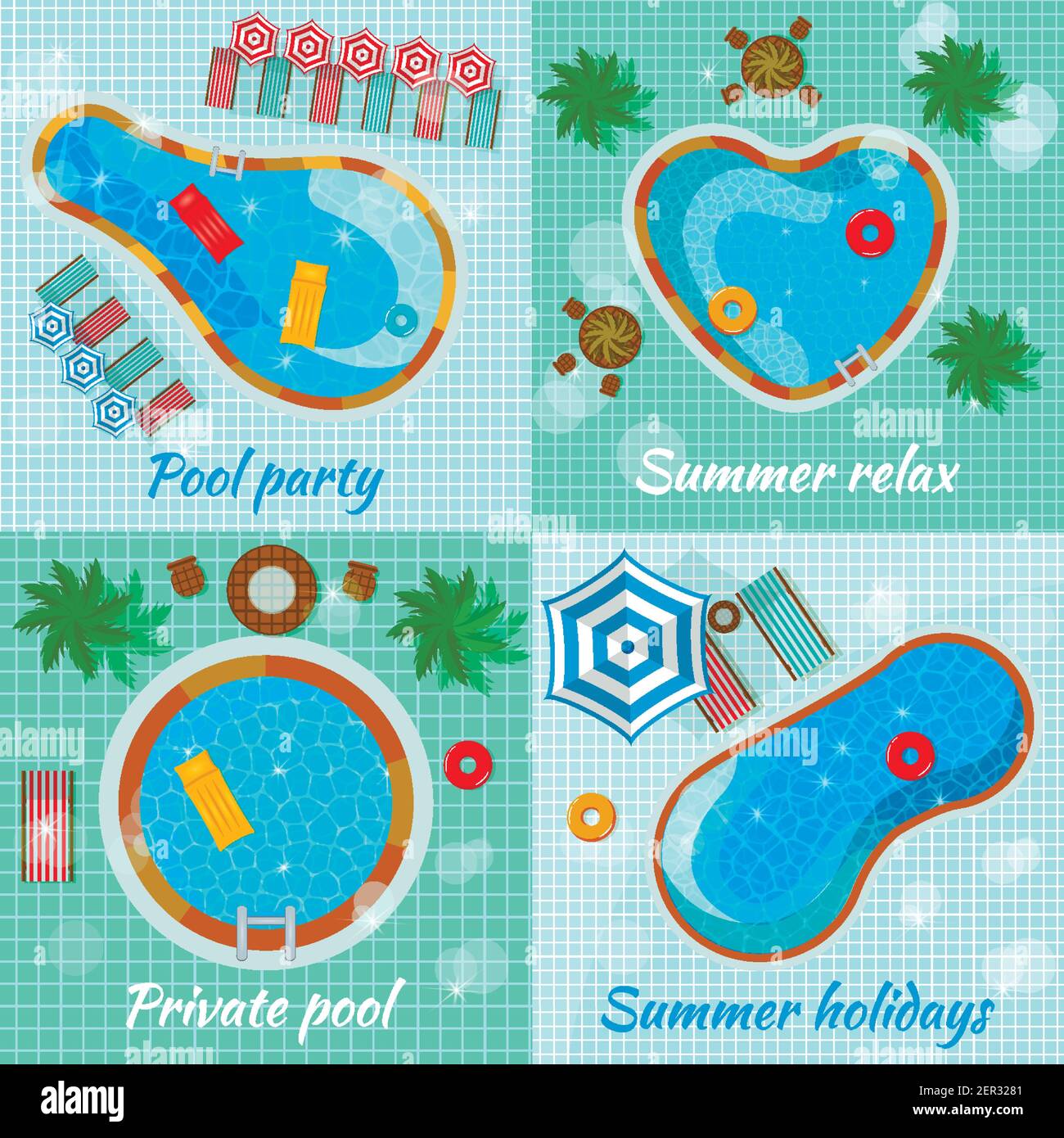 Swimming pools with accessories for various destination top view flat ...