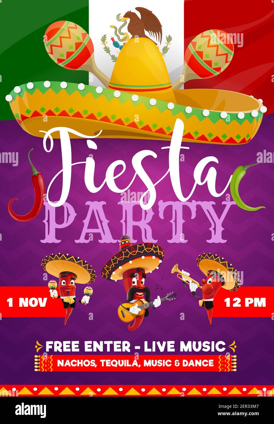 Fiesta party vector flyer. Mariachi band jalapenos chili peppers in ...