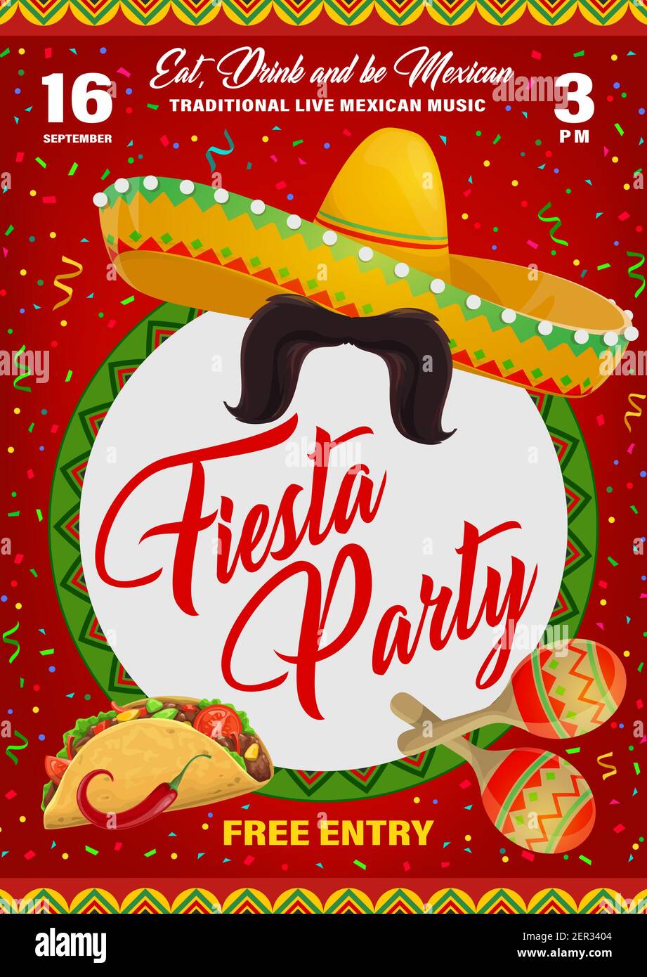 Fiesta party vector flyer with mexican symbols sombrero, mustaches and ...