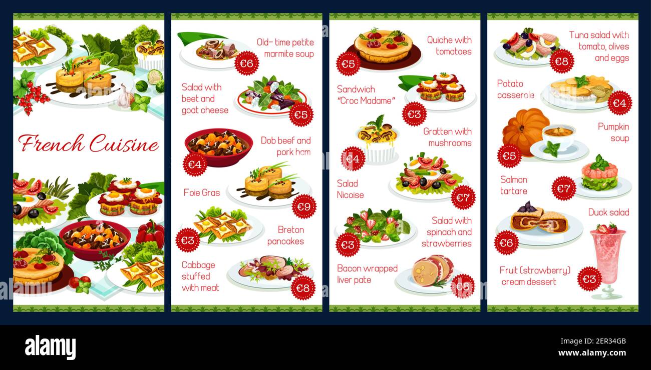 France cuisine vector menu template, French meals, dob beef and pork ...