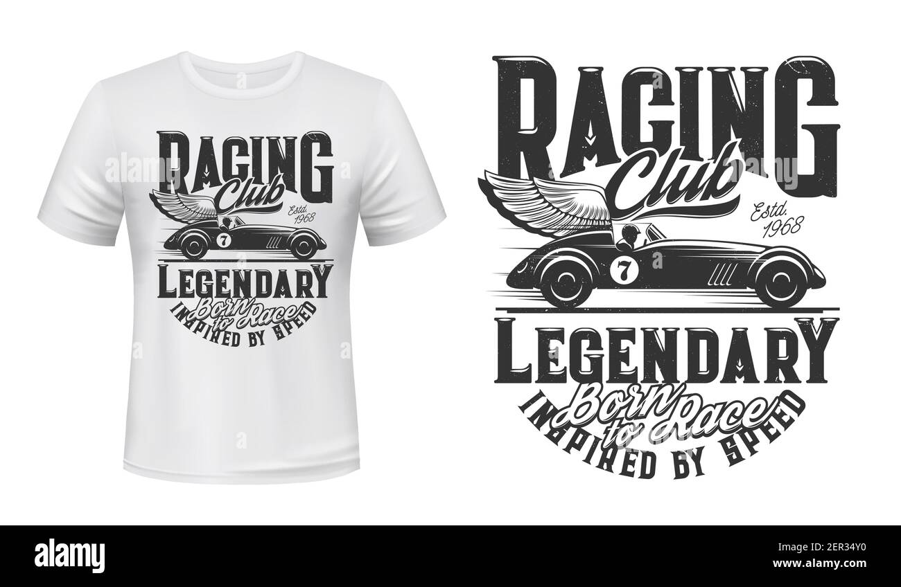 Vintage racing car t-shirt print vector mockup. Driver driving winged ...