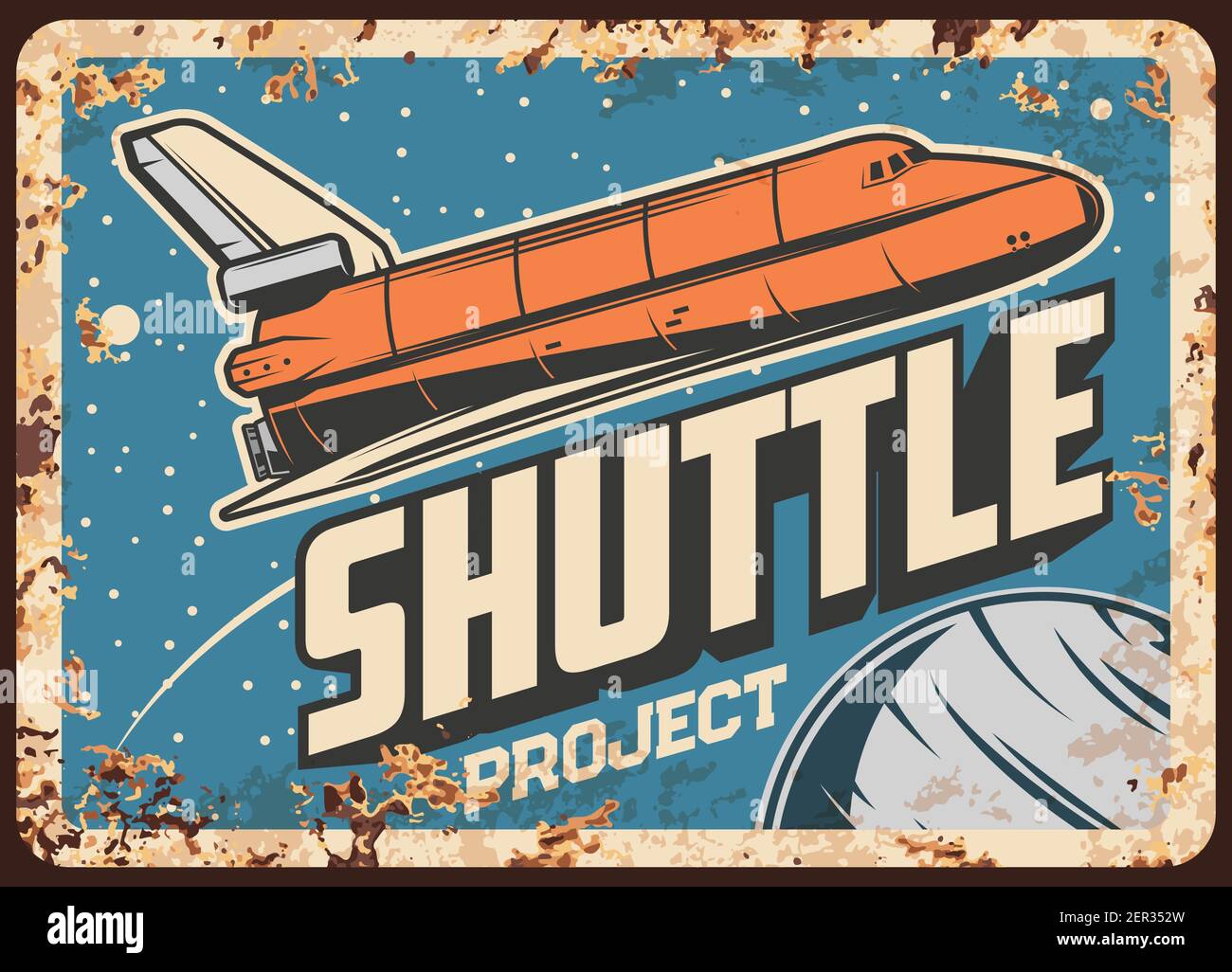 Shuttle project vector rusty metal plate. Space expedition, galaxy ...