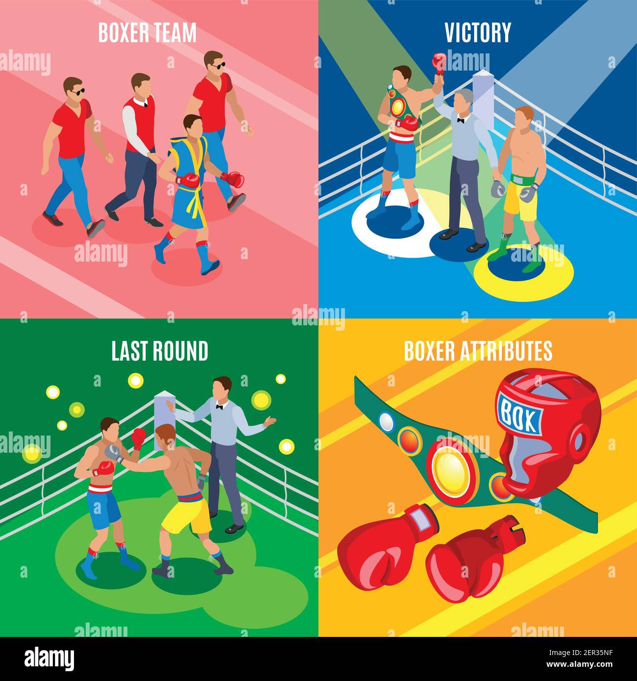 Box isometric 2x2 design concept with colourful images of sport ...