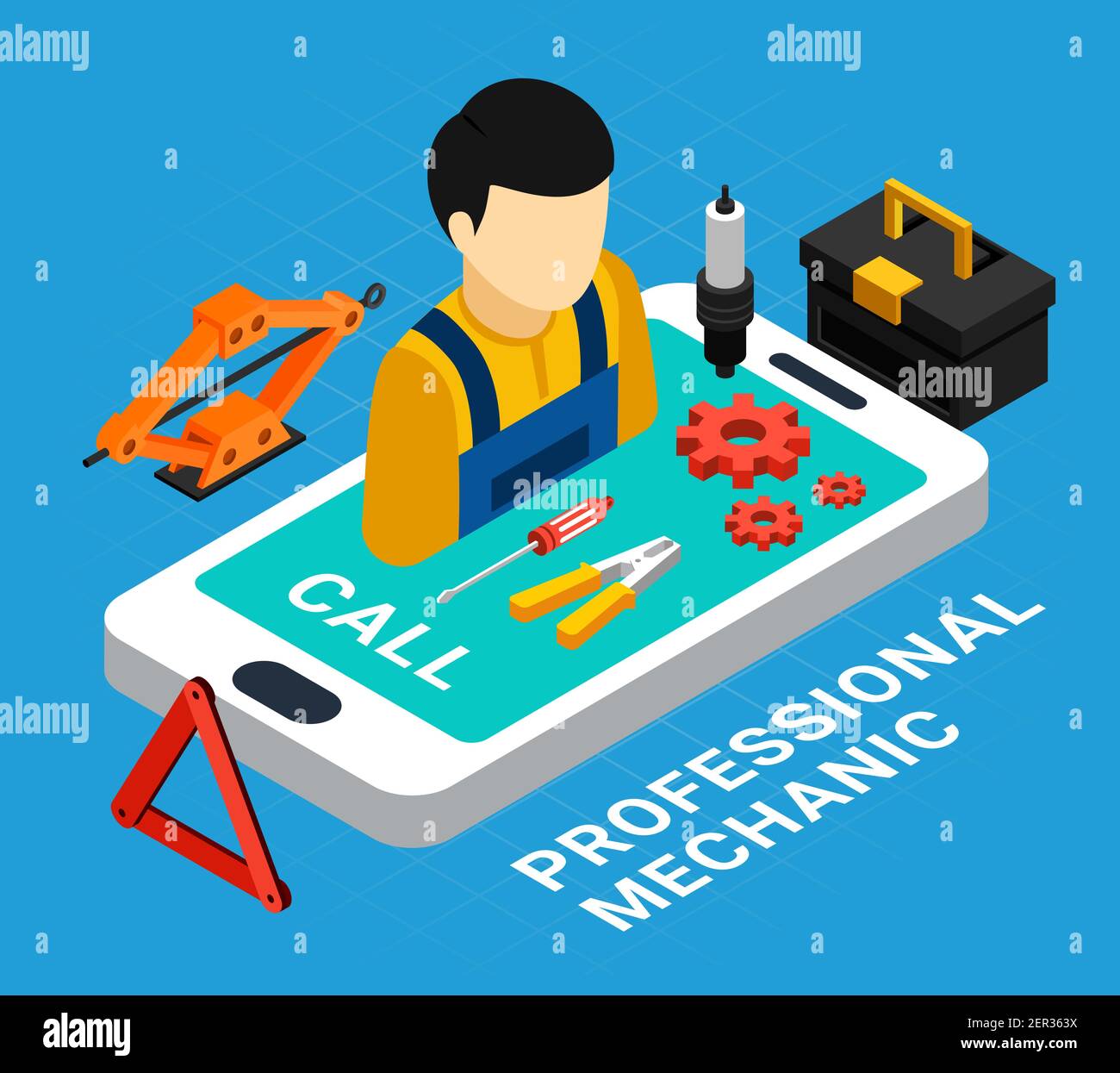 Professional mechanic isometric concept with equipment and call symbols ...
