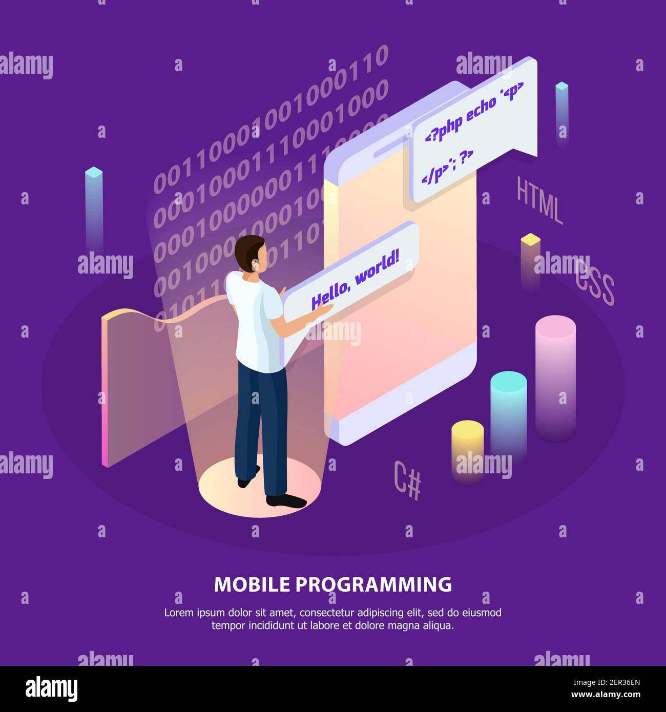 Freelance programming isometric background composition with human character and interactive ...