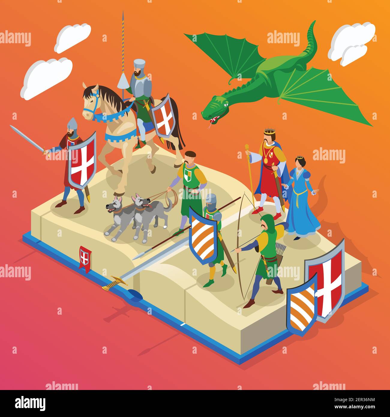 Medieval isometric composition with small people characters of cold ...