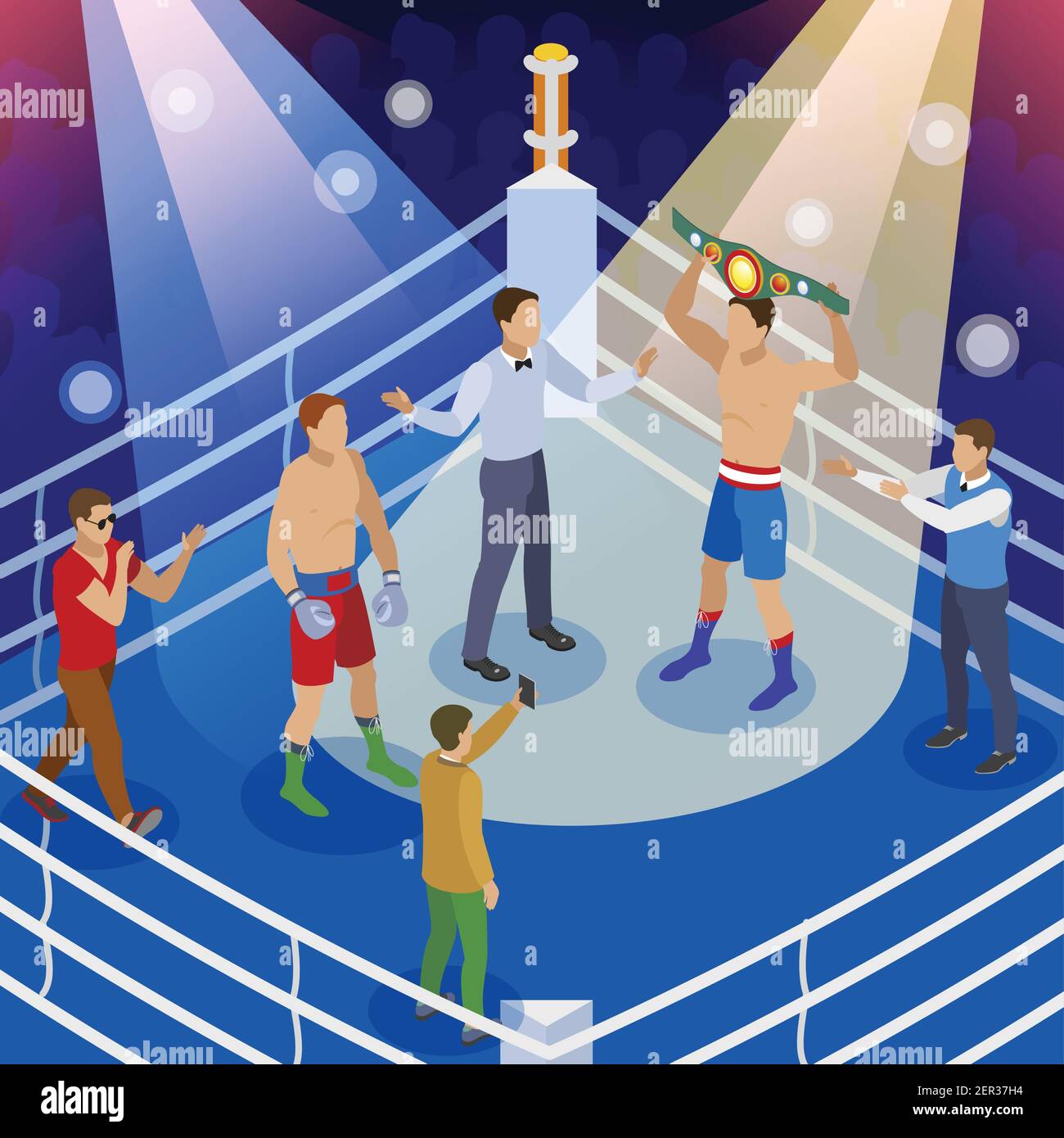 Box isometric composition with view of boxing ring with human ...