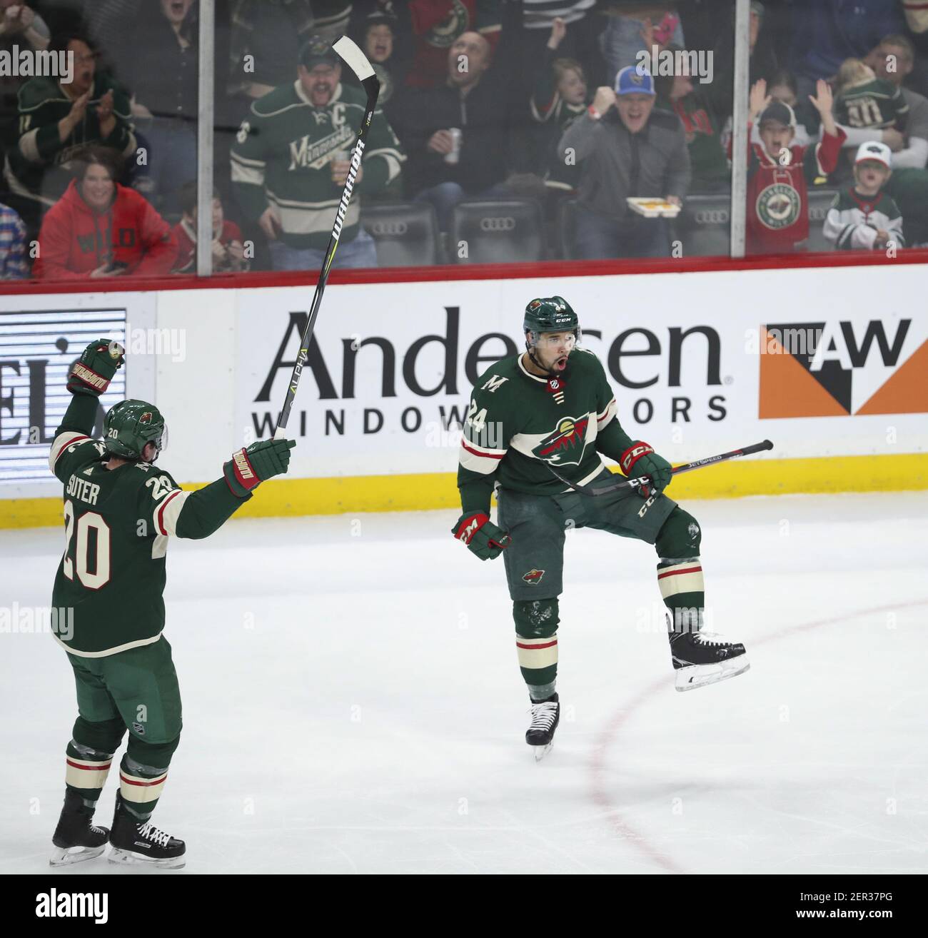 The Minnesota Wild's Matt Dumba (24) celebrates his second-period goal ...