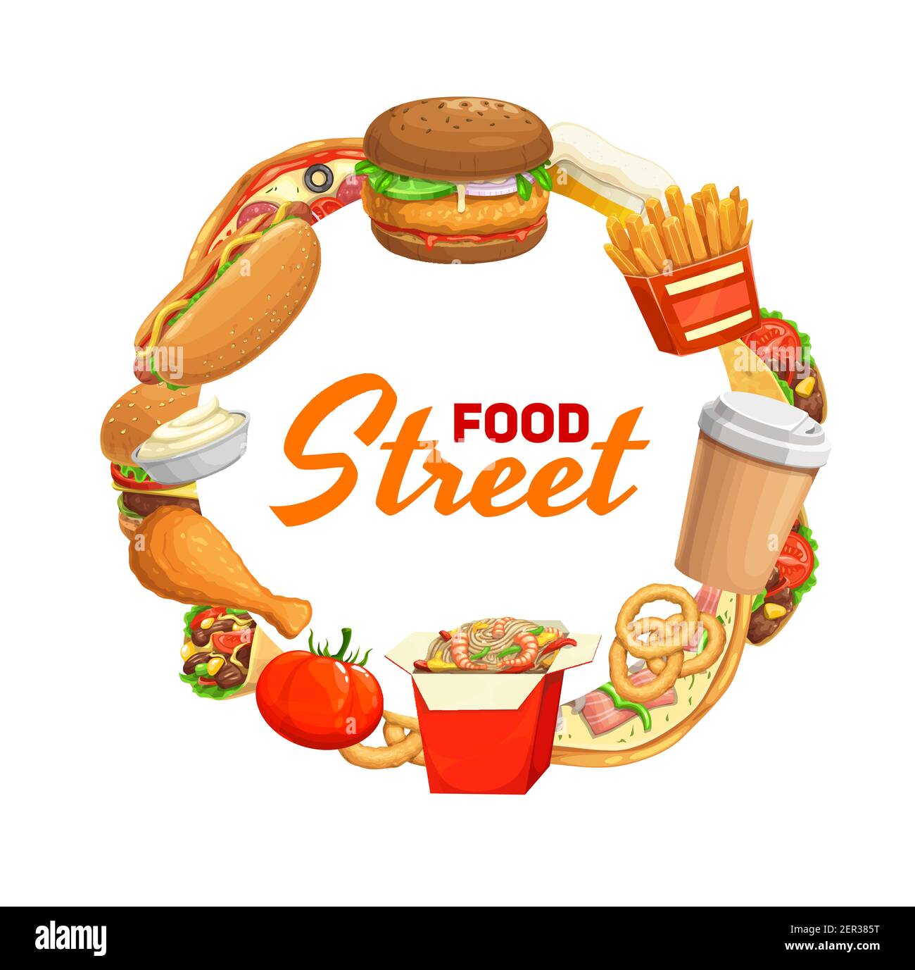 Fast food meals round frame. Street cafe food and snacks banner ...