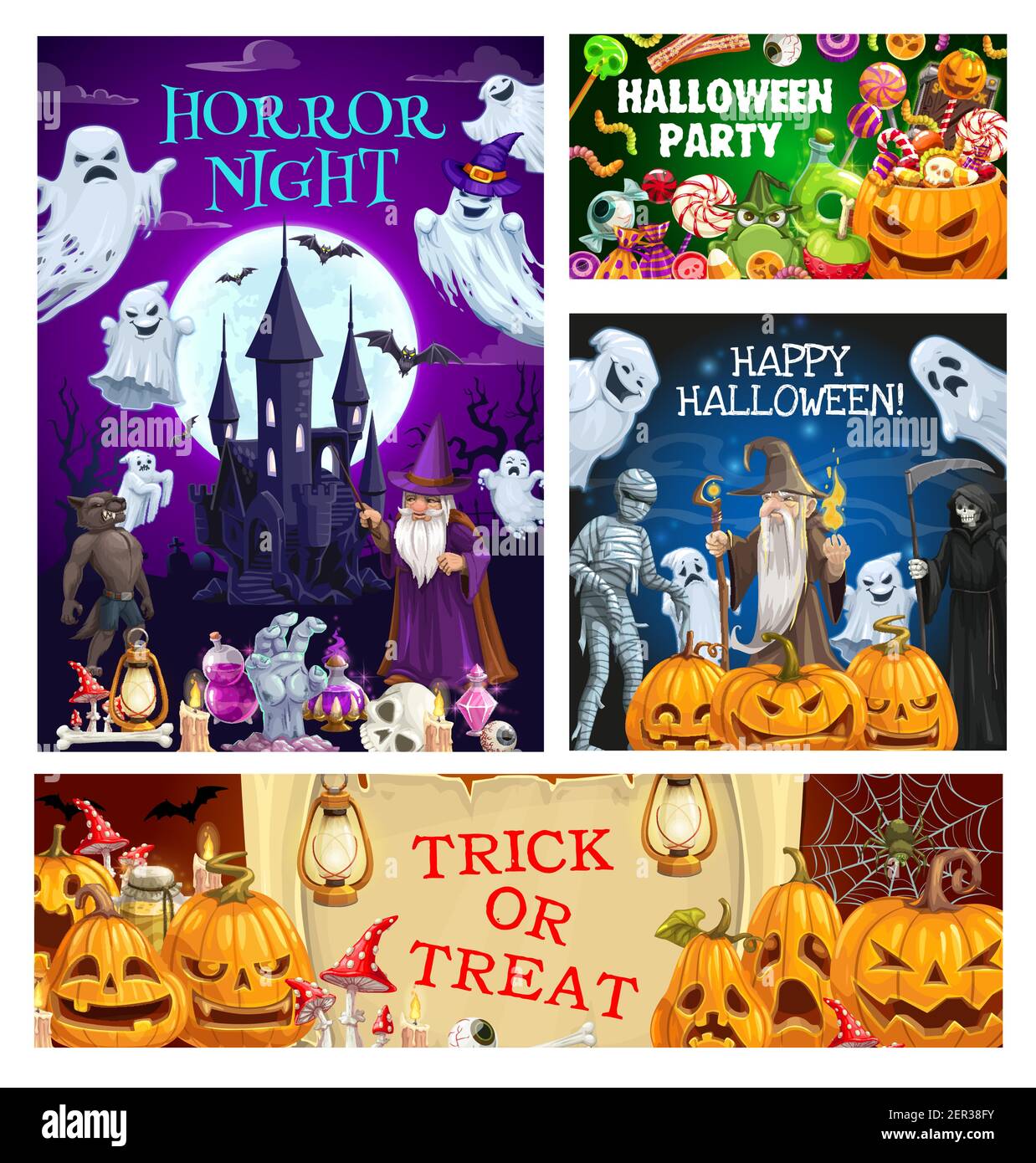 Halloween night horror monsters vector design. Ghosts and pumpkins with ...