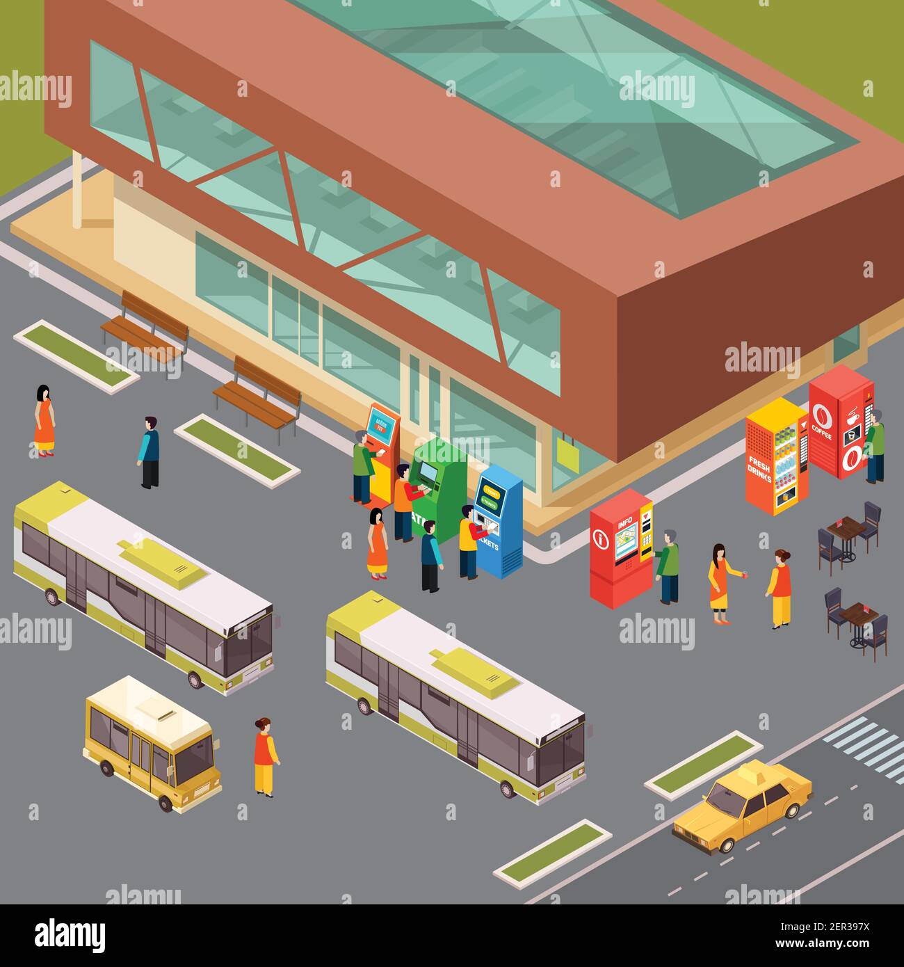 Atm vending and ticket machines at bus station and outdoor cafe 3d ...
