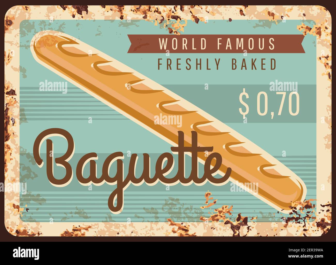 Bread baguette metal rusty plate and bakery shop price menu, vector ...