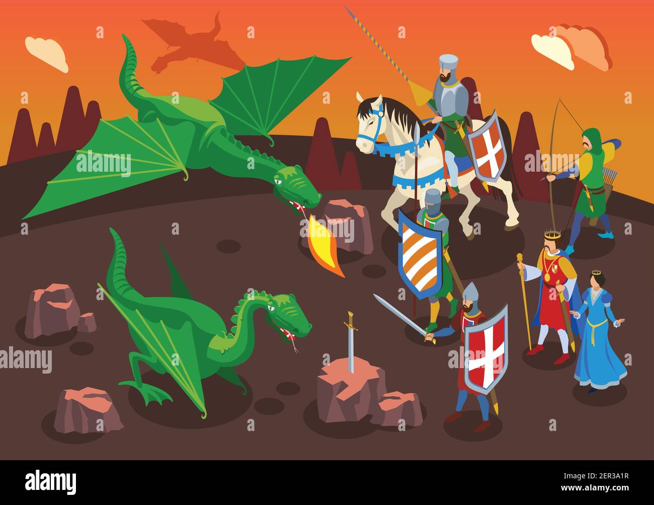 Medieval isometric composition with human characters of warriors and ...