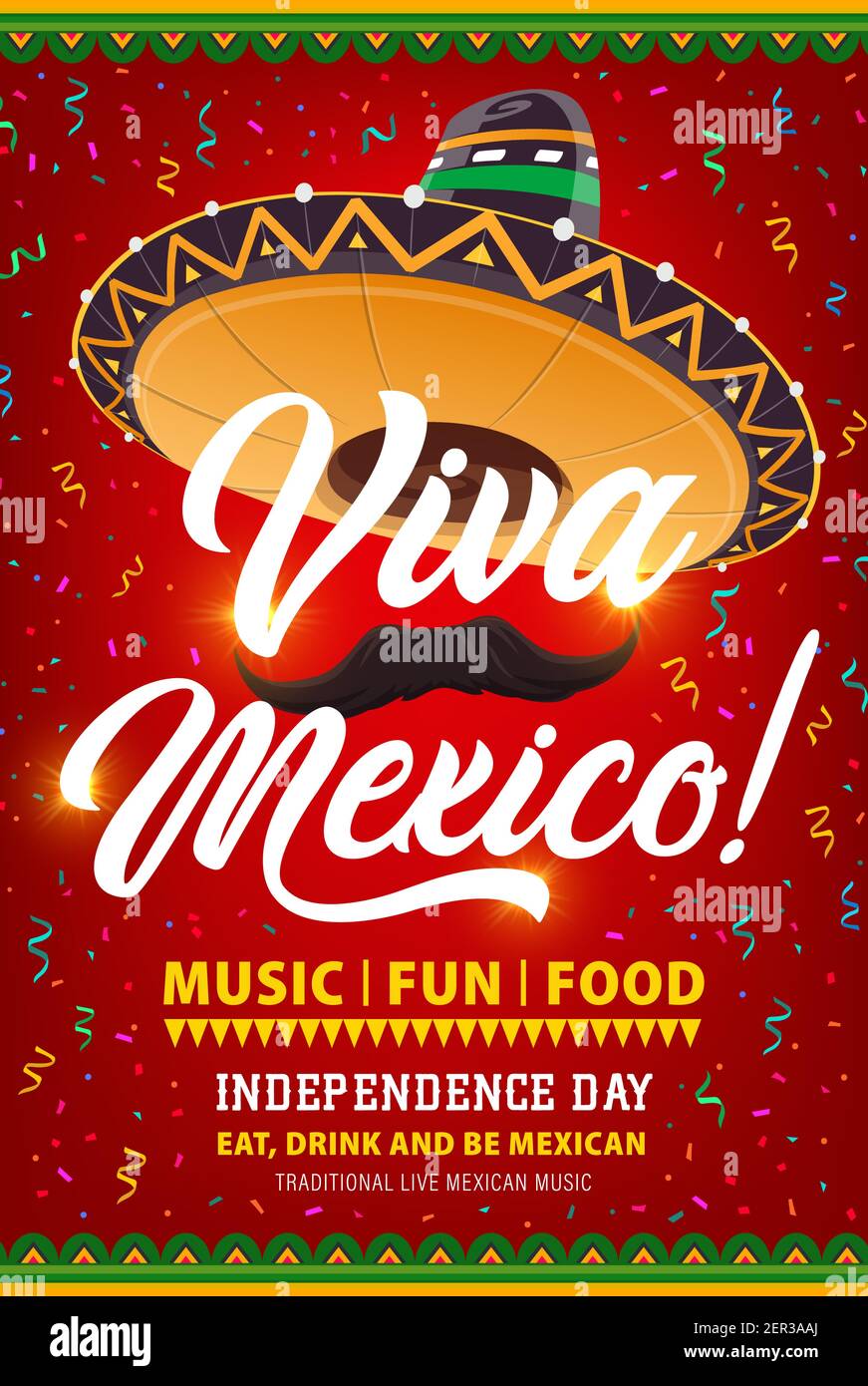 Viva Mexico vector flyer with mexican sombrero, mustaches and confetti ...