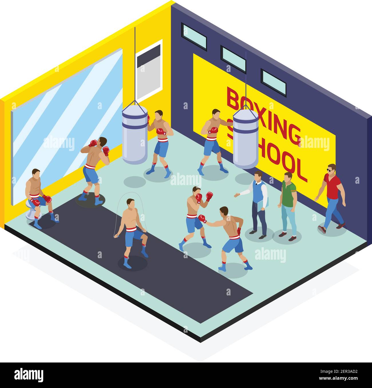 Box isometric composition with view of boxing school exercise room with ...