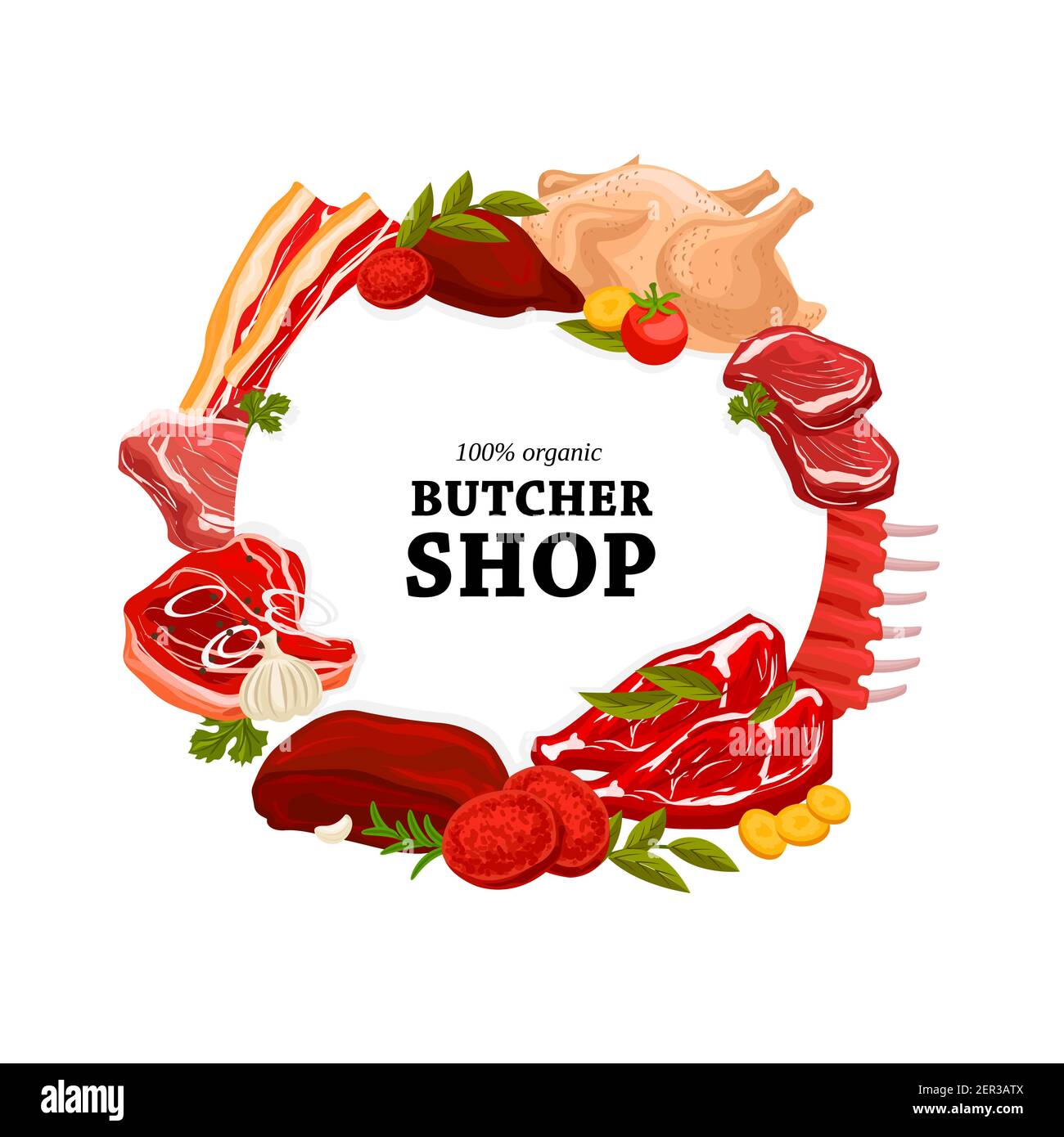 Butcher shop raw meat round banner. Pork ribs, veal steak and filet ...