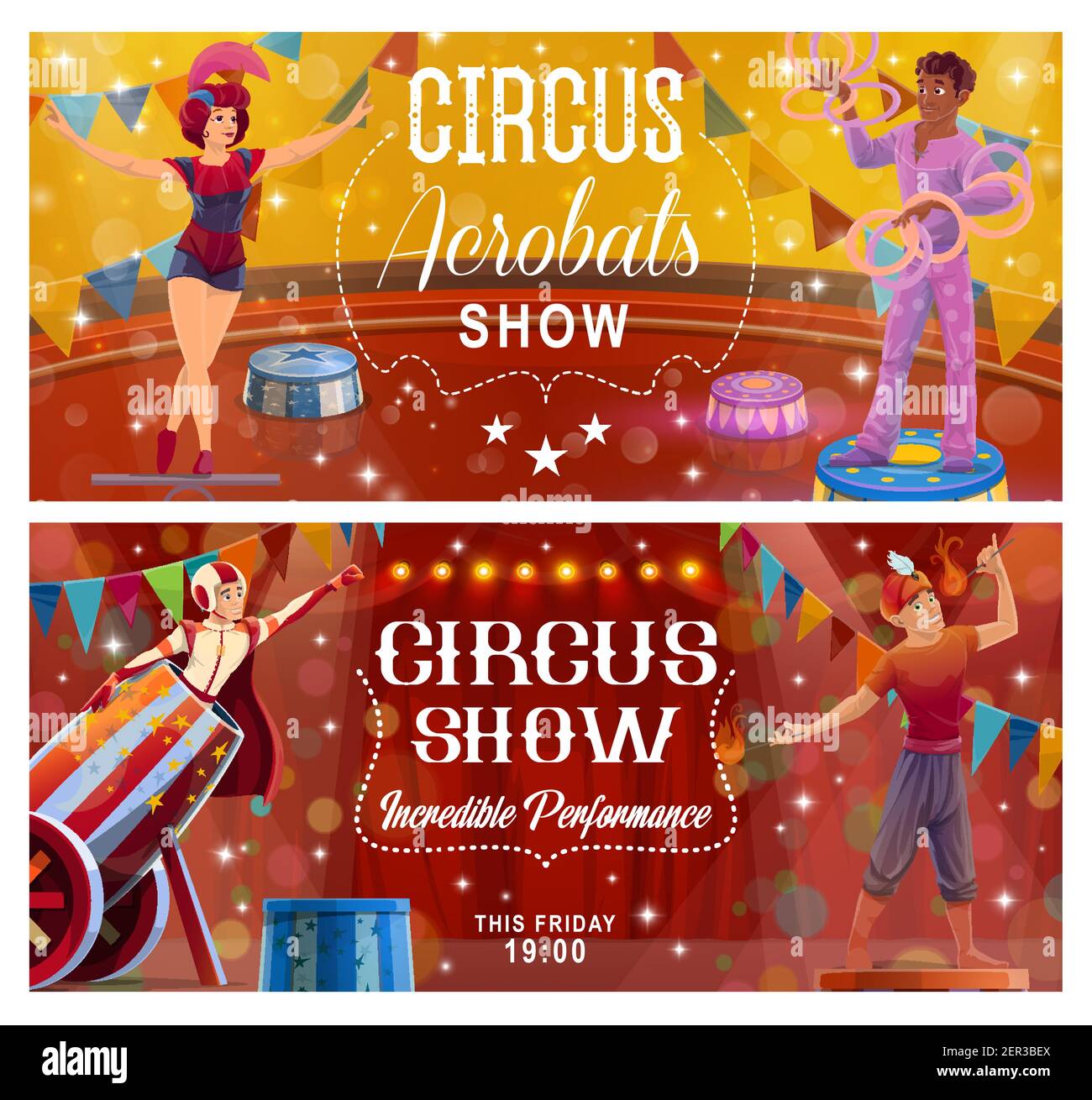 Circus acrobatic show vector flyers with top tent performers. Girl ...