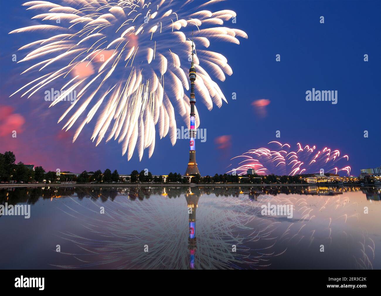 Television (Ostankino) tower at Night and holiday fireworks, Moscow ...