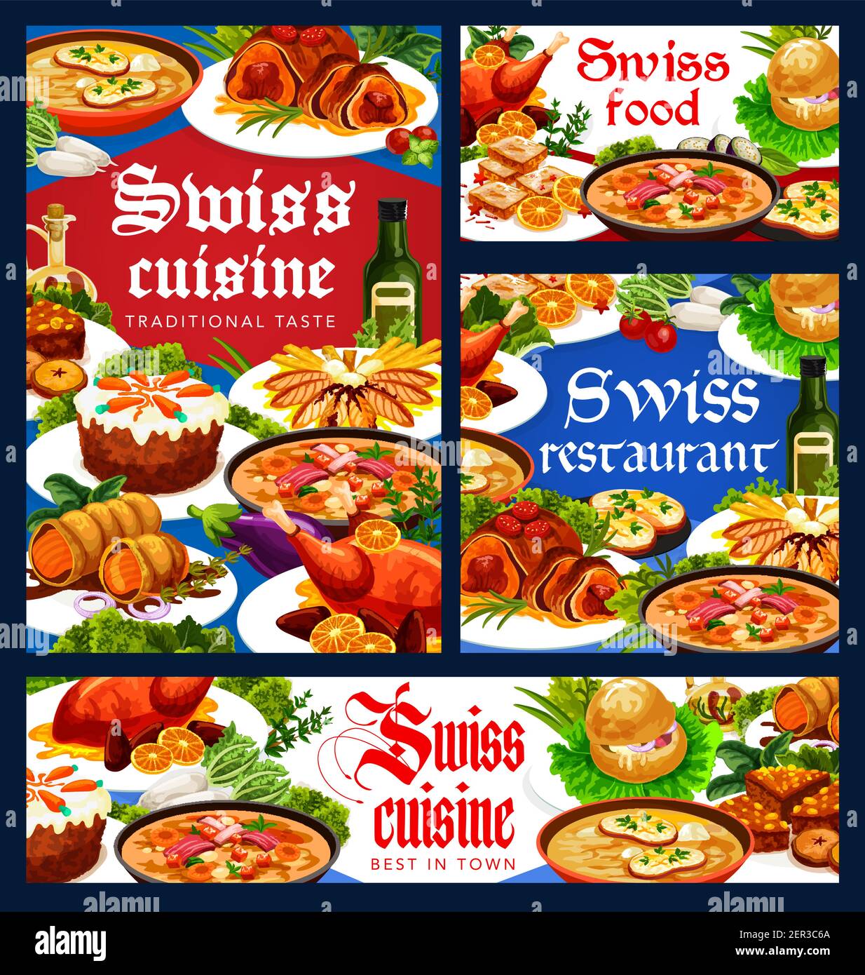 Swiss cuisine vector menu. Restaurant gingerbread leckerli, chicken in ...