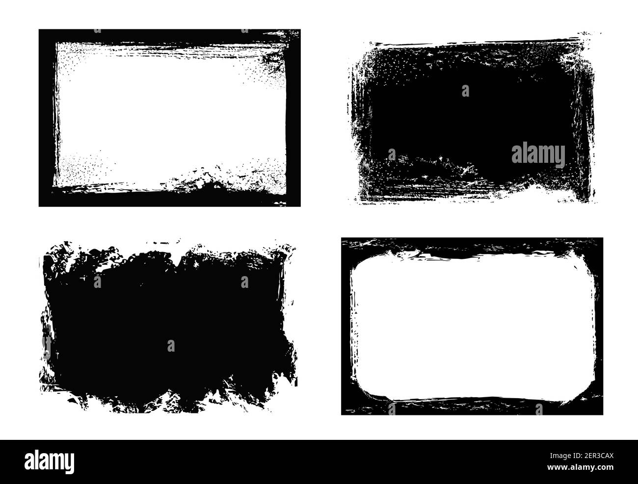 Grunge frames isolated vector black rectangular borders with rough scratched edges. Grungy ...