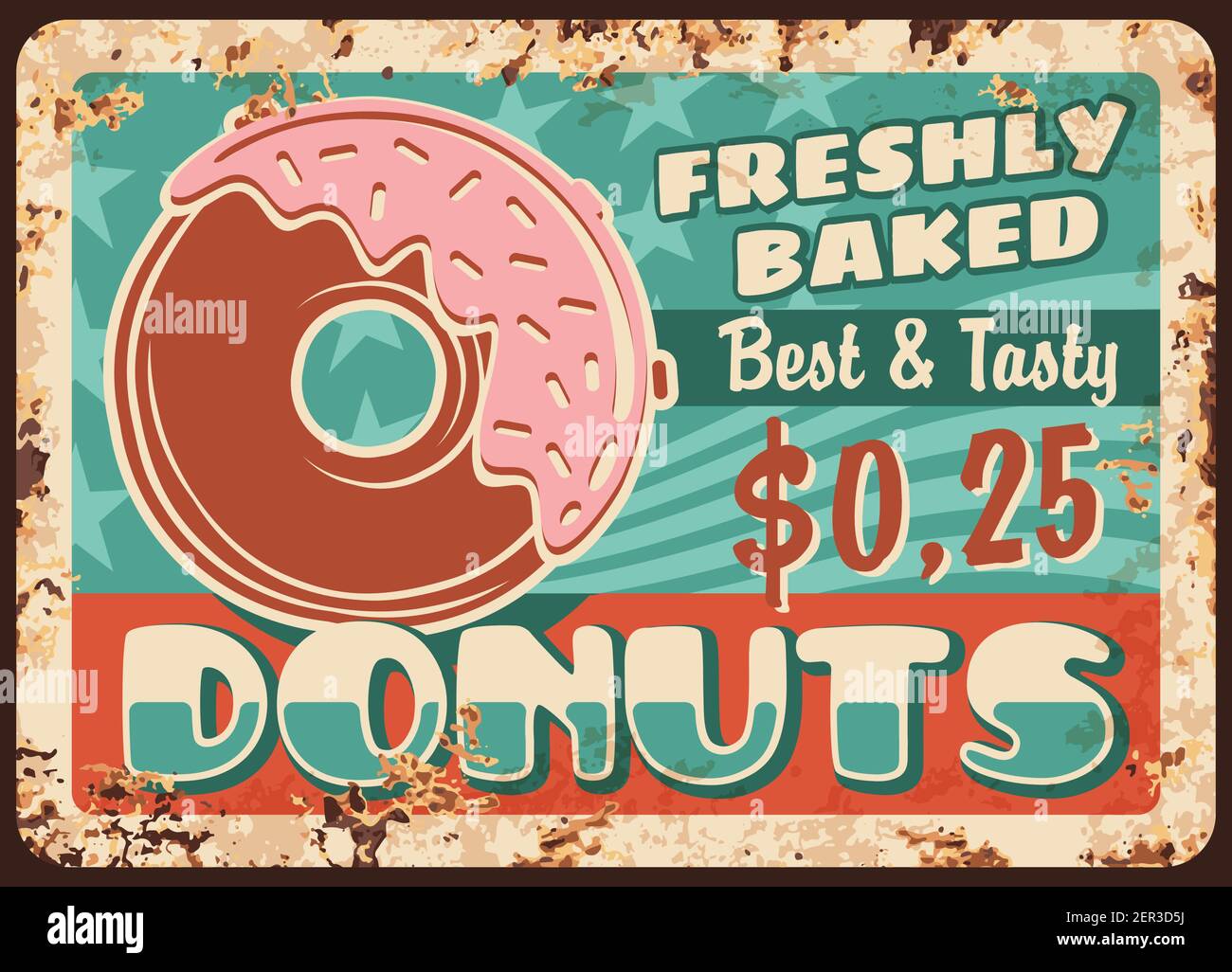 Donuts rusty metal plate, vector bakehouse, bakery production vintage ...