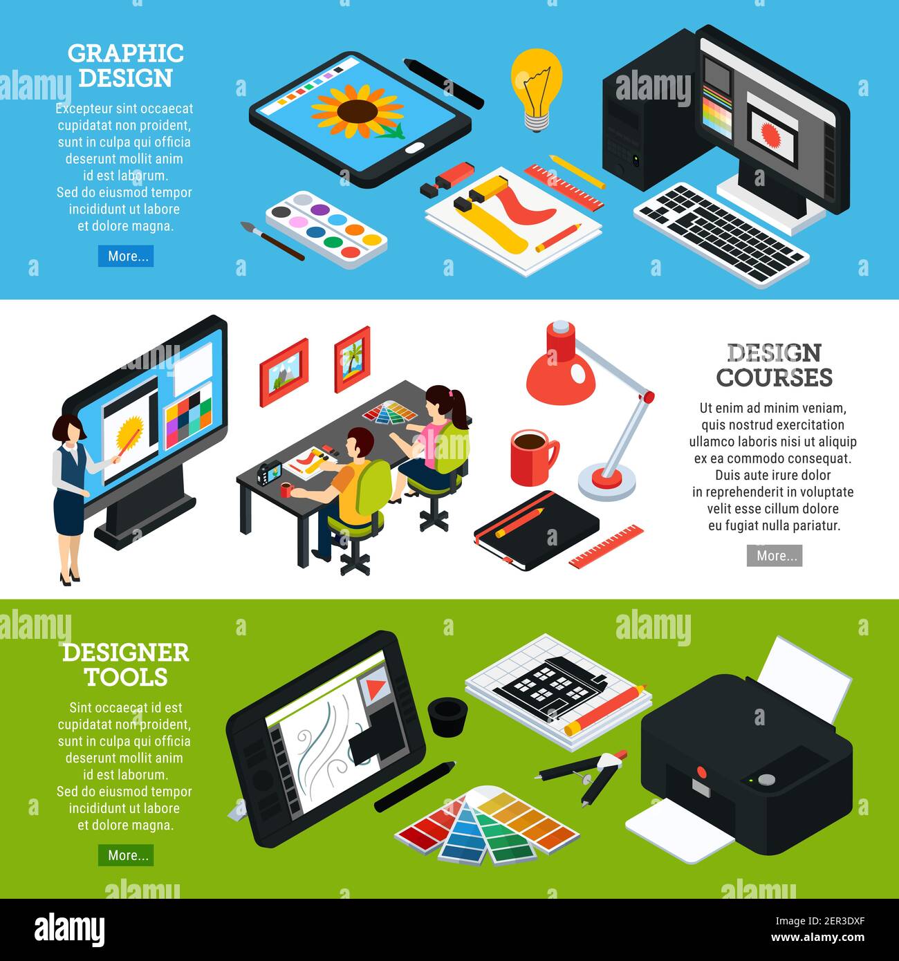 Horizontal isometric banners set with students at graphic design ...