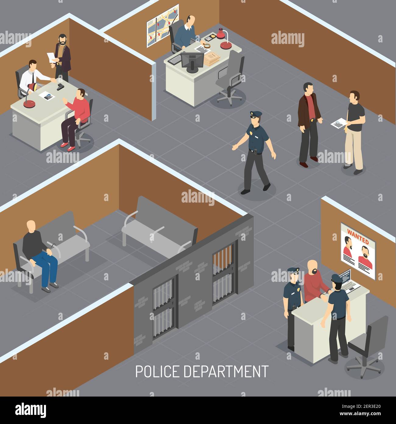 Police department interior isometric composition with crime suspect in ...