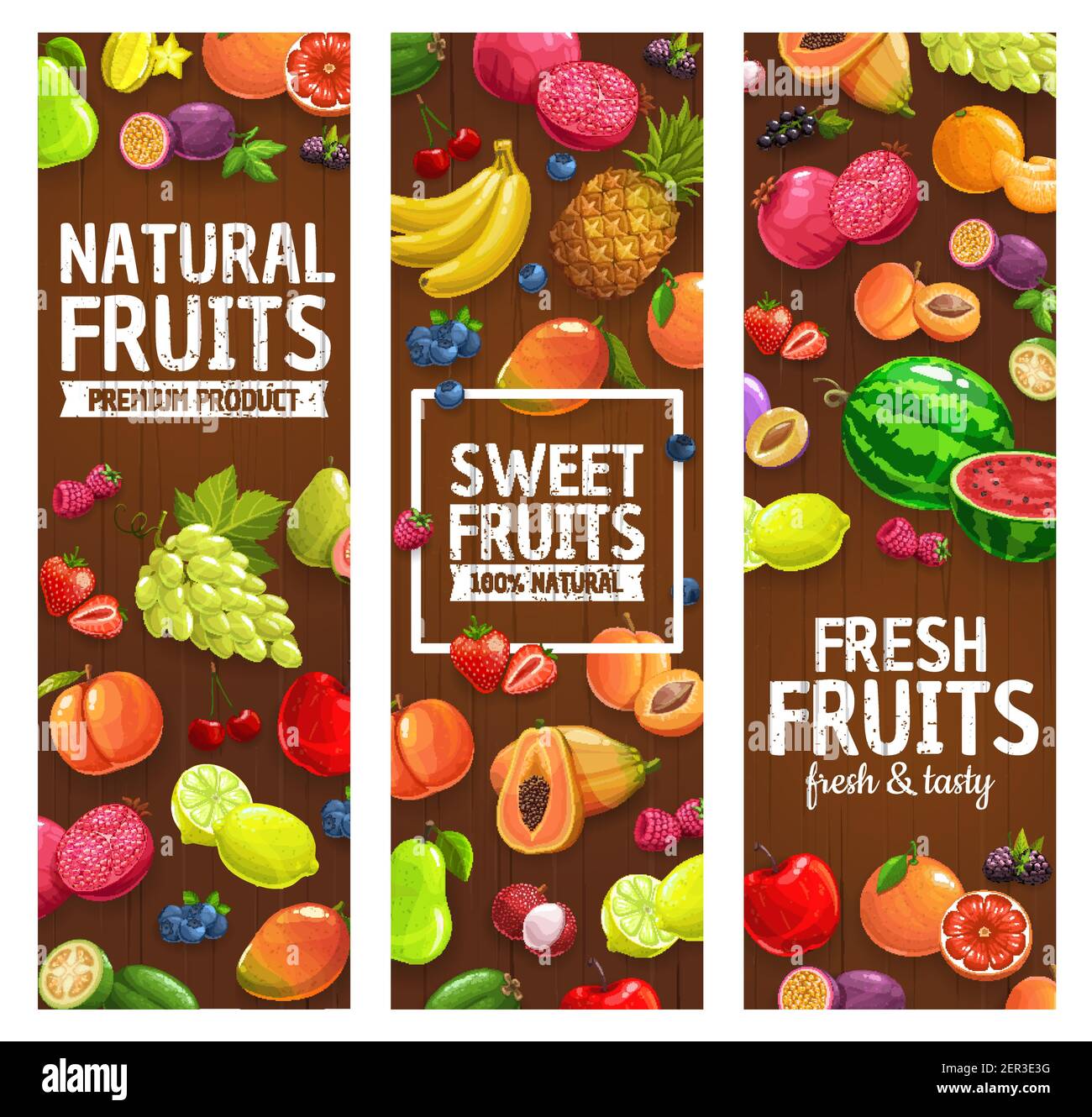 Natural farm fruits and berries banners. Grape, lemon and pomegranate ...