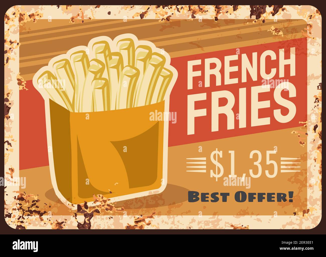 French fries fast food rusty metal plate, vector box with fried potato ...