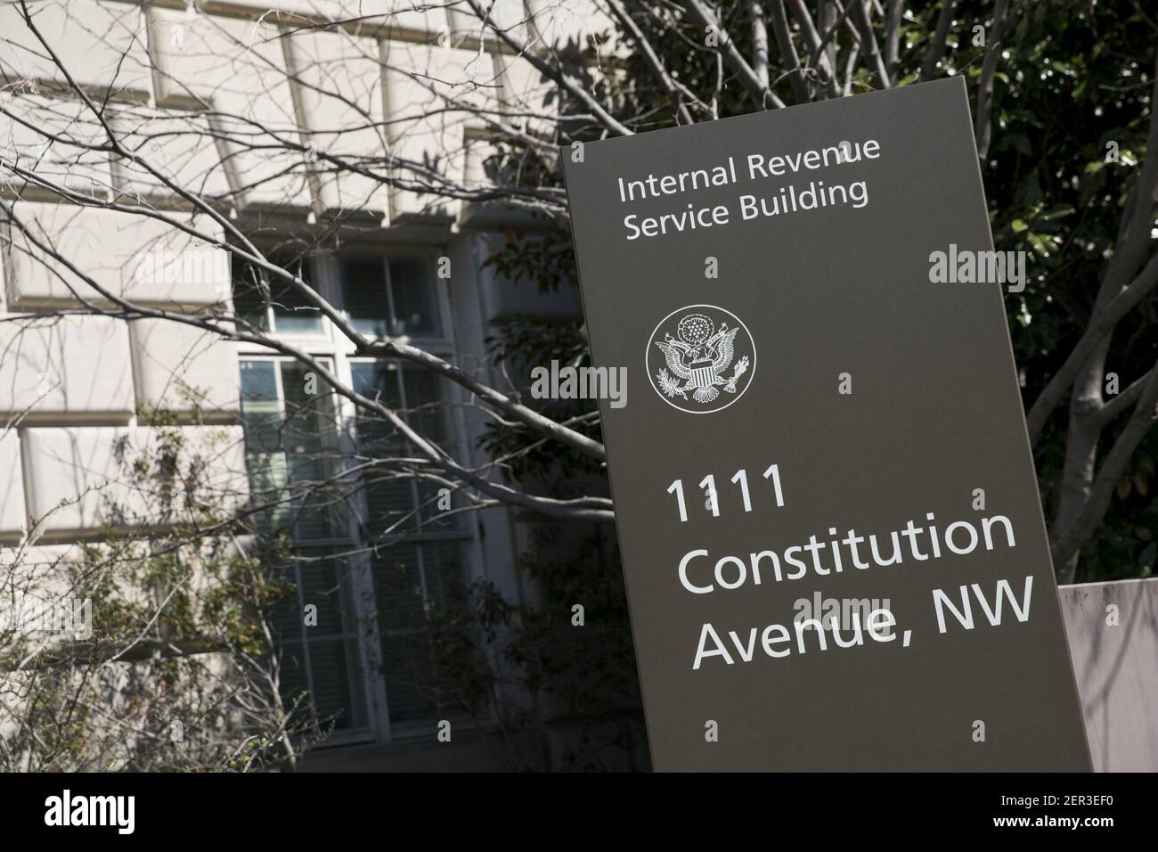 A logo sign outside of the headquarters of the Internal Revenue Service ...