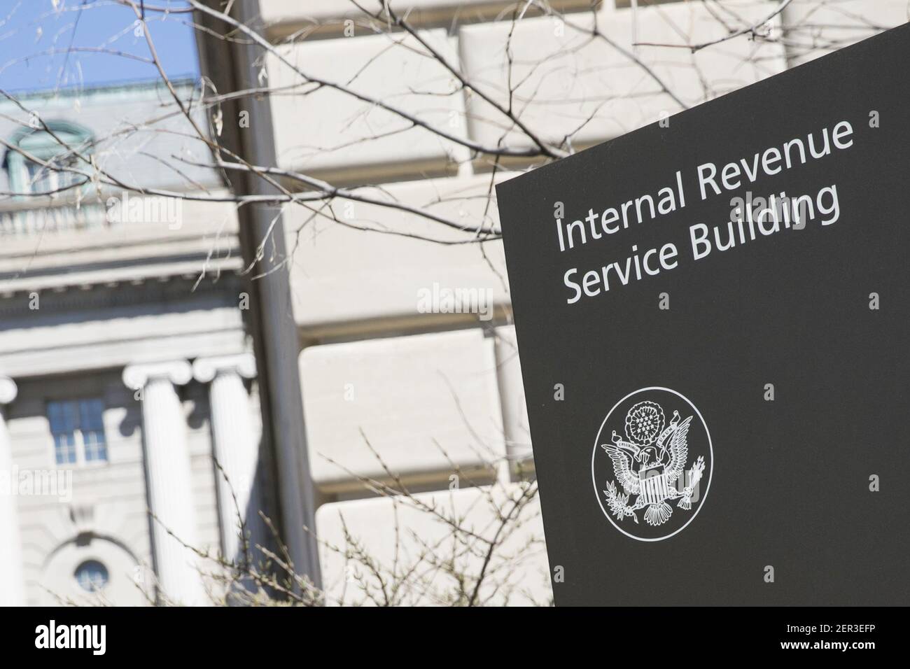 A logo sign outside of the headquarters of the Internal Revenue Service ...