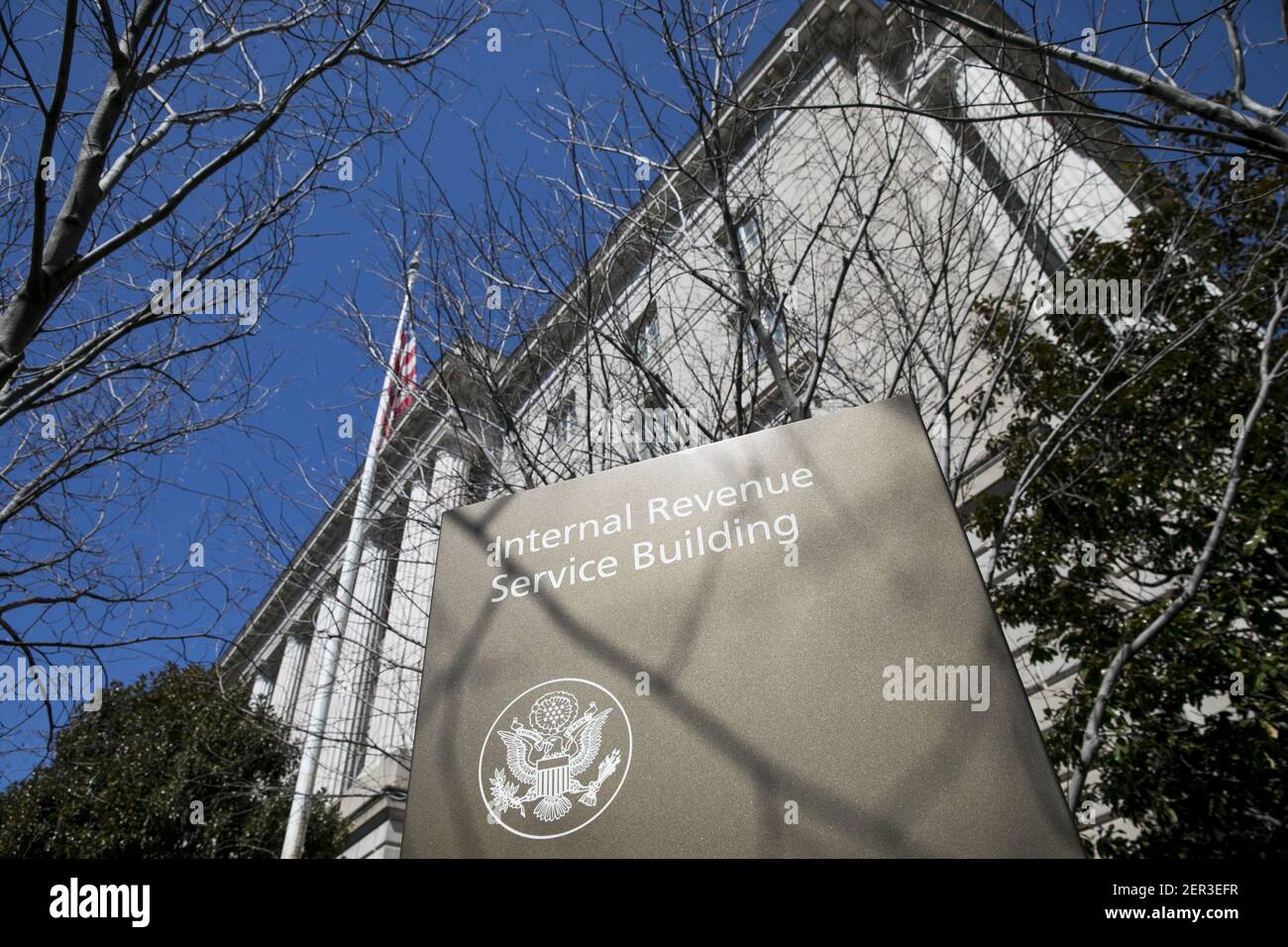 A logo sign outside of the headquarters of the Internal Revenue Service ...