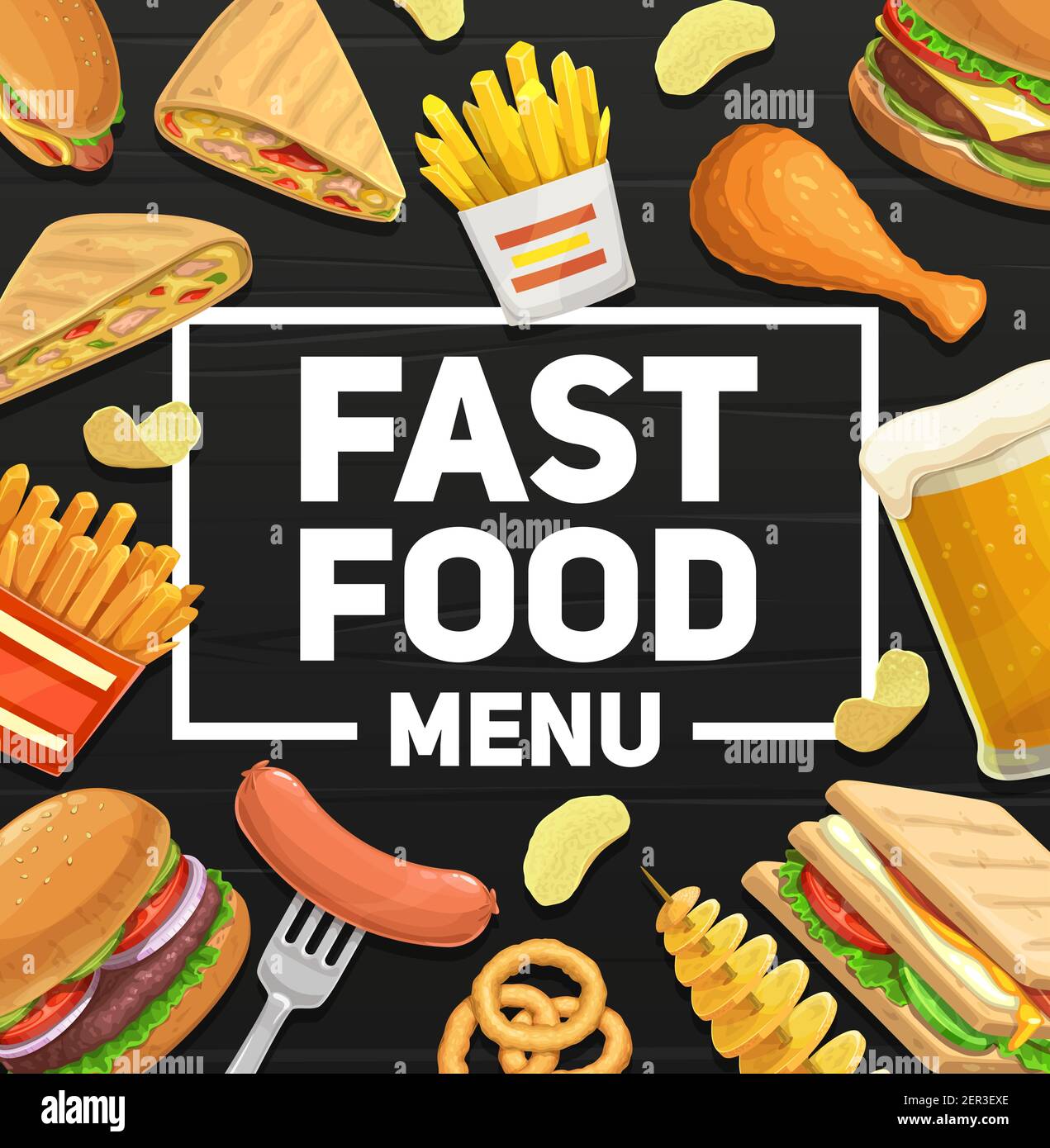 Fast food meals and snacks menu poster. Hamburger, cheeseburger and hot ...