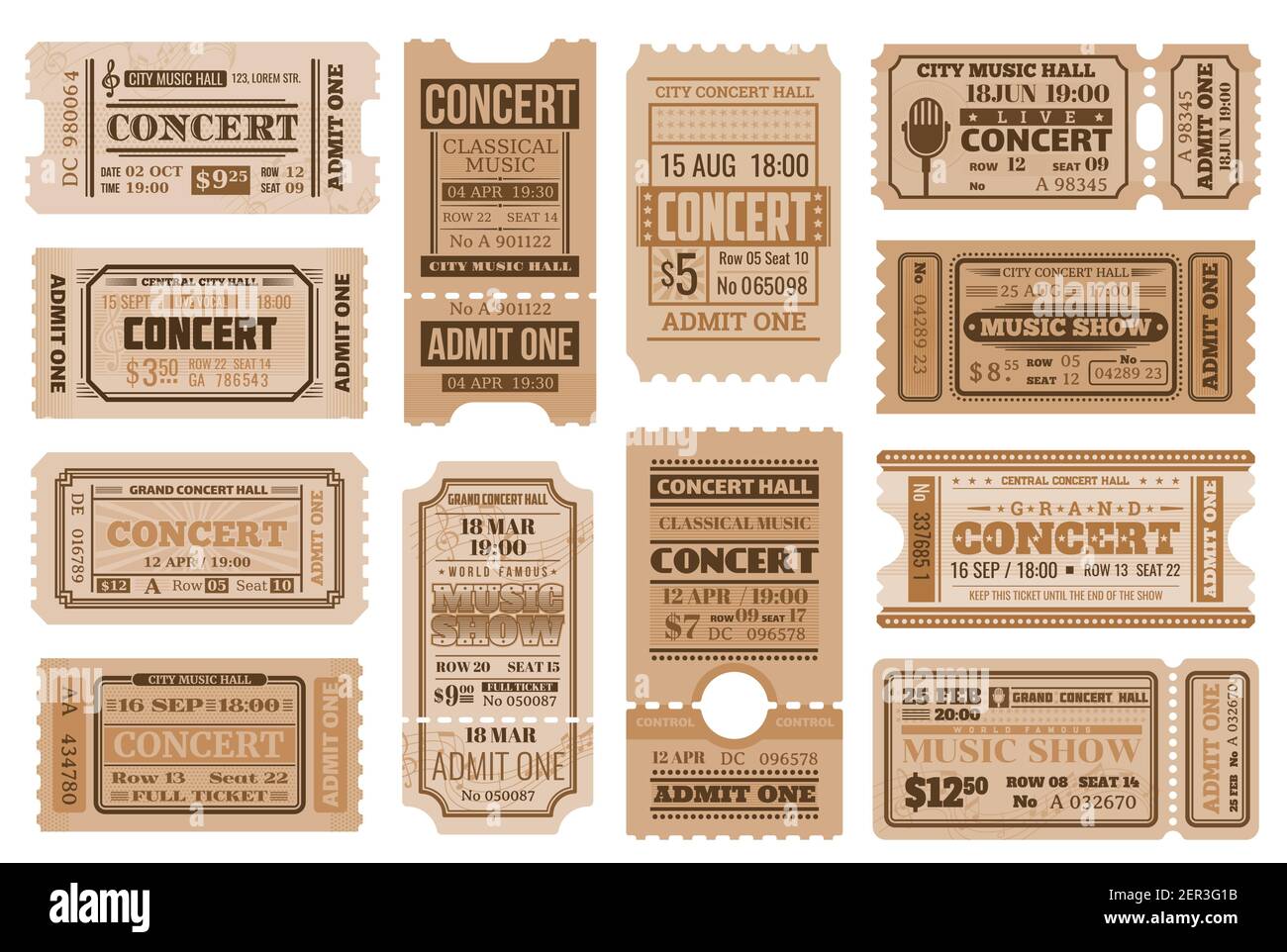 Music concert tickets, retro admits. Vector vintage cards for musical ...