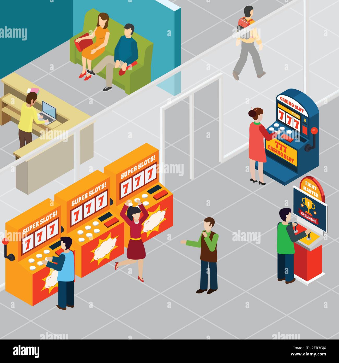 Happy people playing game machines 3d isometric vector illustration ...
