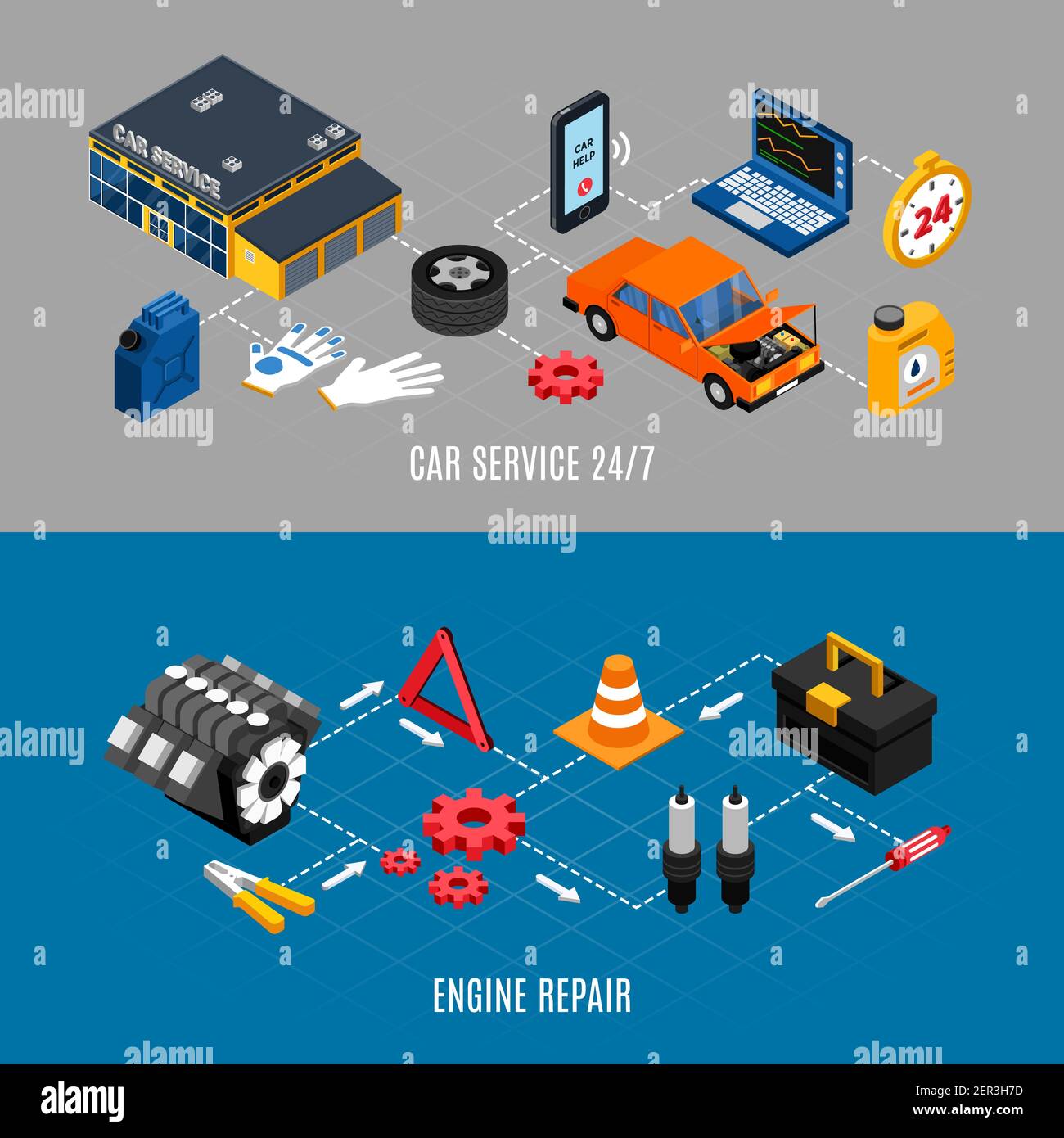 Car service and maintenance horizontal banners set with engine repair ...