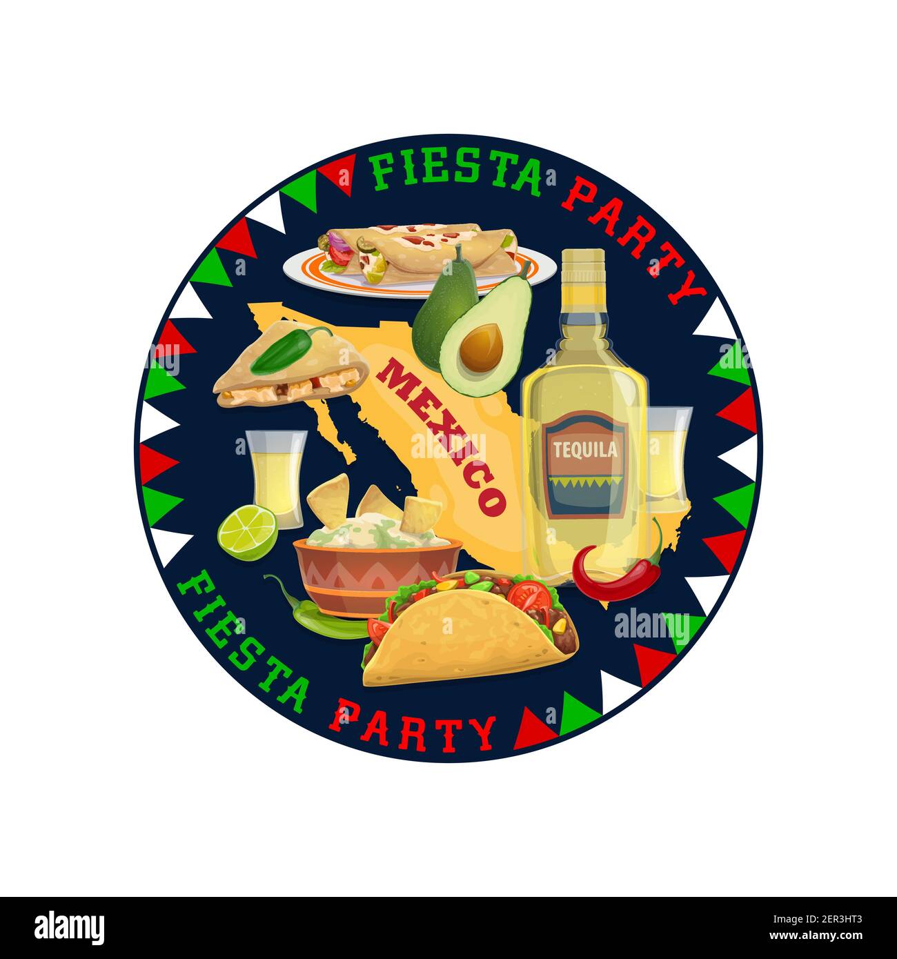 Mexican food, drink and Mexico map, fiesta party vector design. Taco ...