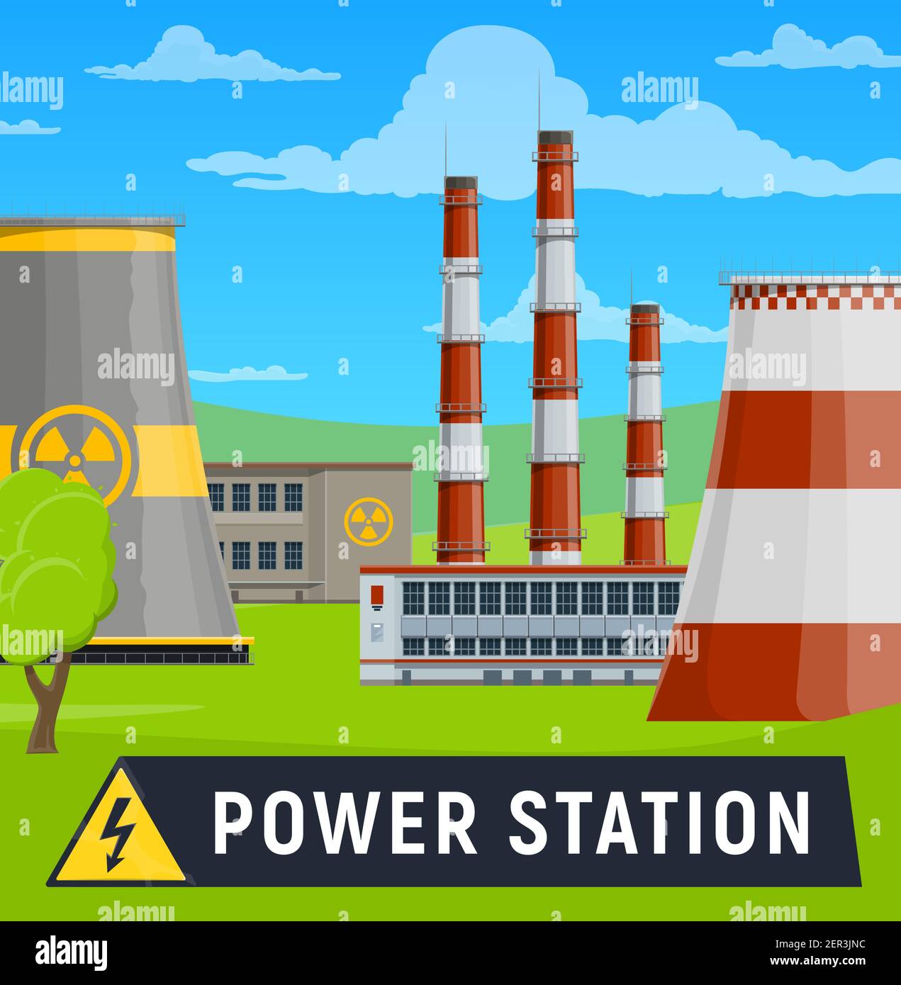 Electricity generation power station building with radiation warning ...