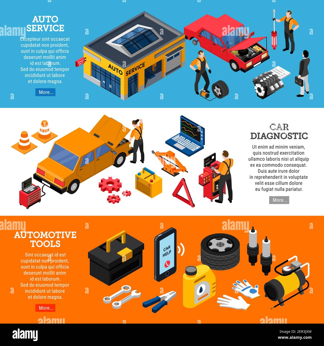 Car service horizontal banners set with automotive tools symbols ...