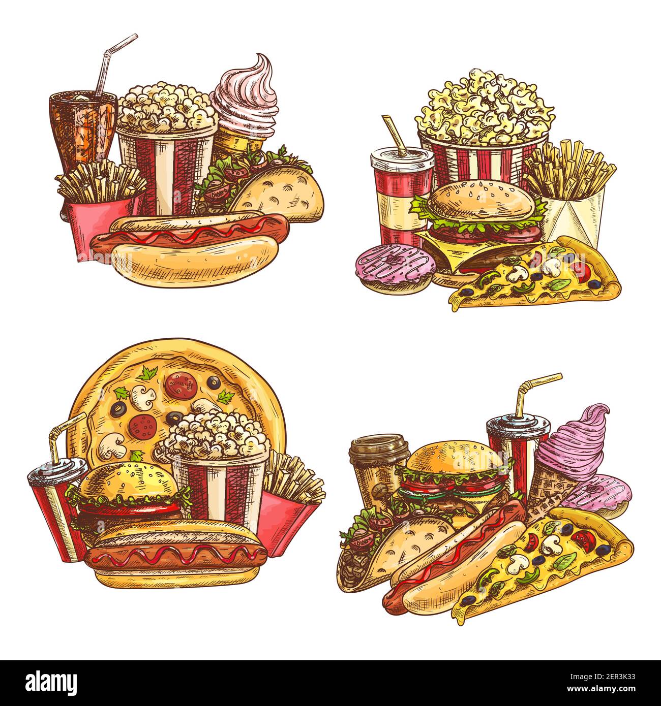 Fast food takeaway meals and snacks. Street cafe burgers and cold ...