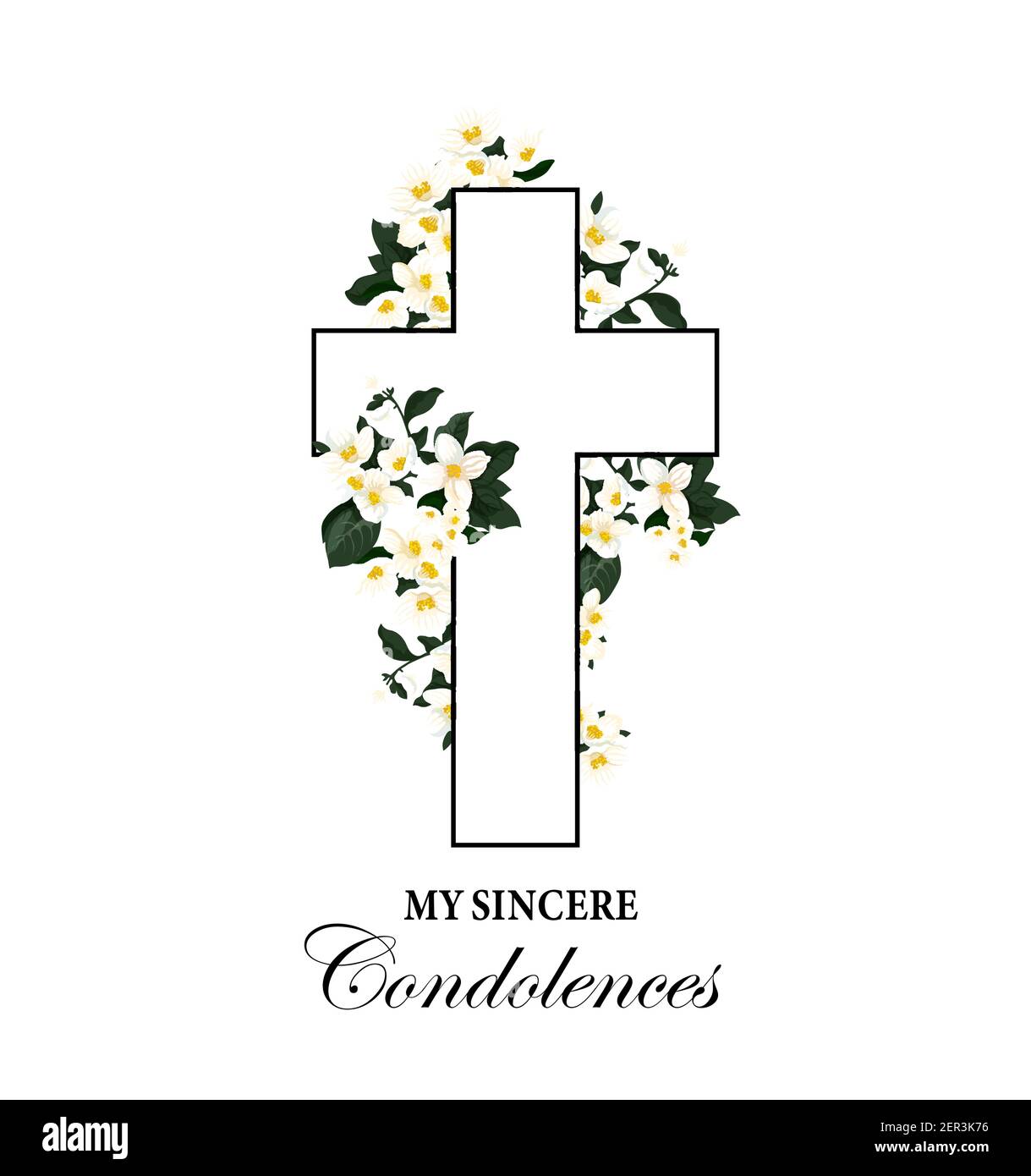 Funeral vector card with cross and white mourning flowers, my sincere ...