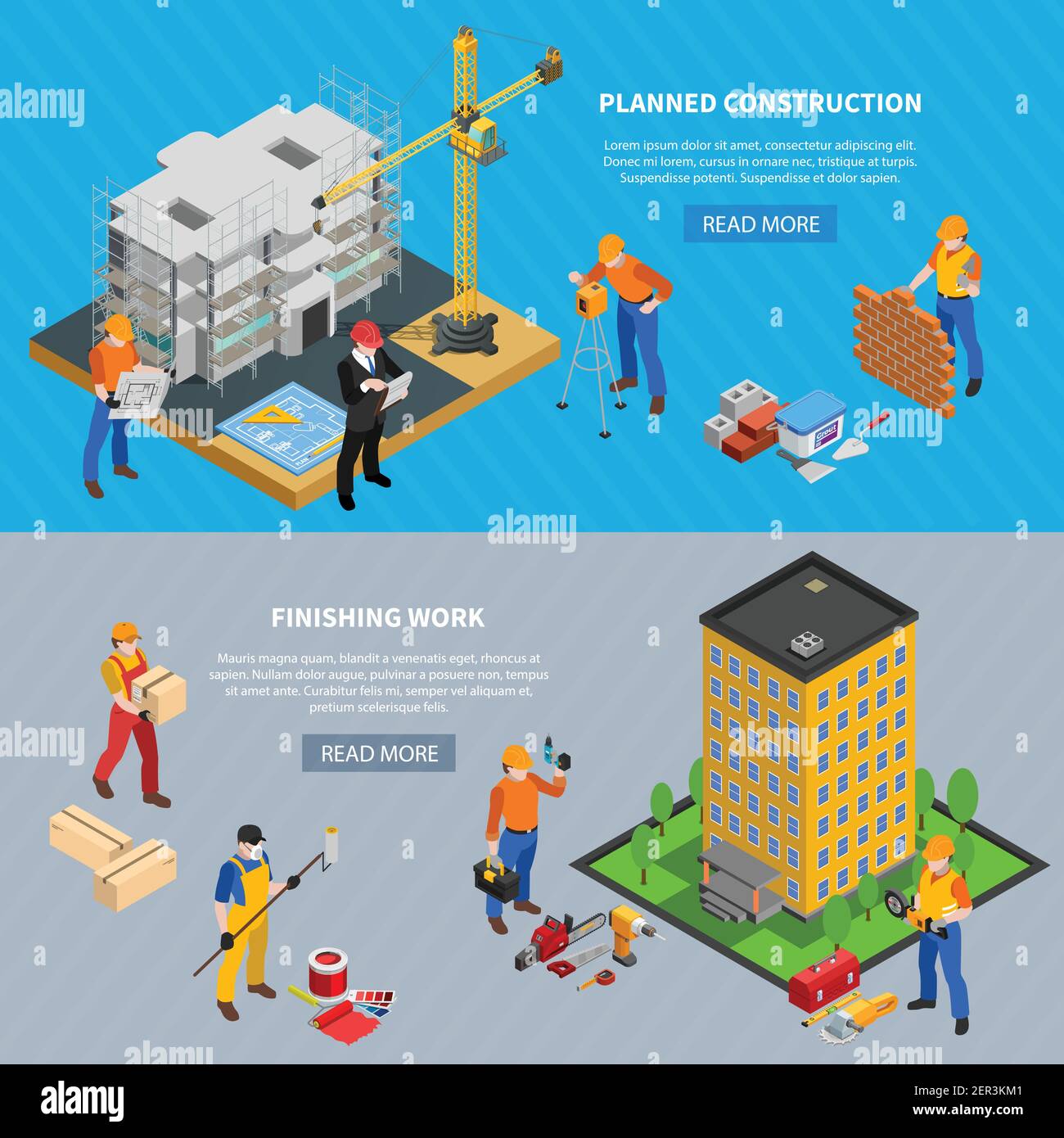 Construction isometric set of two horizontal banners with building ...