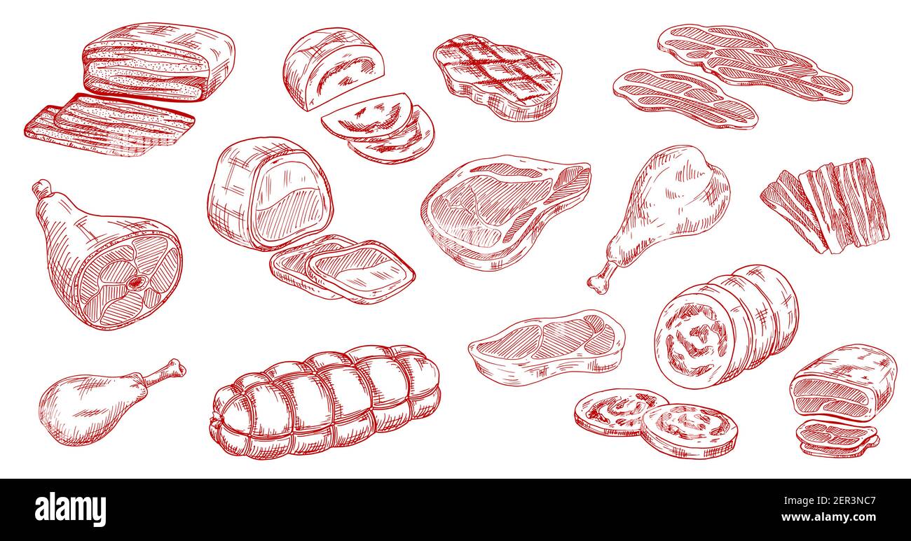 Pork sausage, veal beef and lamb steak sketches. Bacon, ham and jamon ...