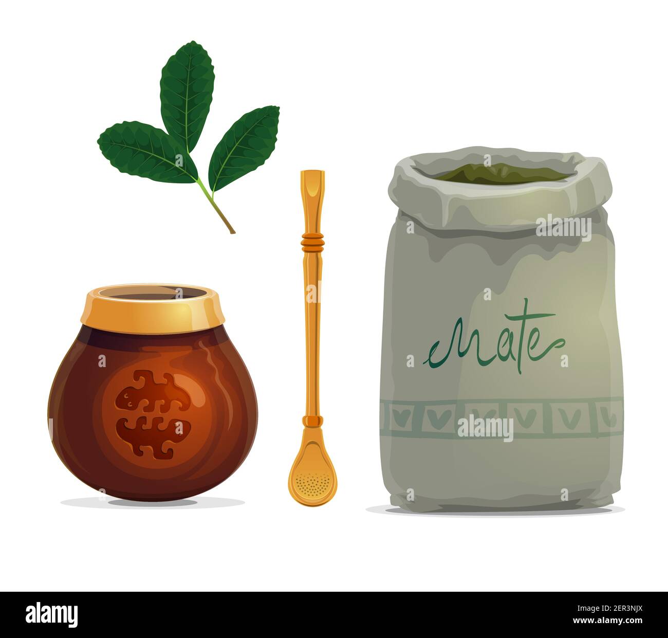 Mate tea drink cartoon vector of yerba mate plant leaves, calabash ...