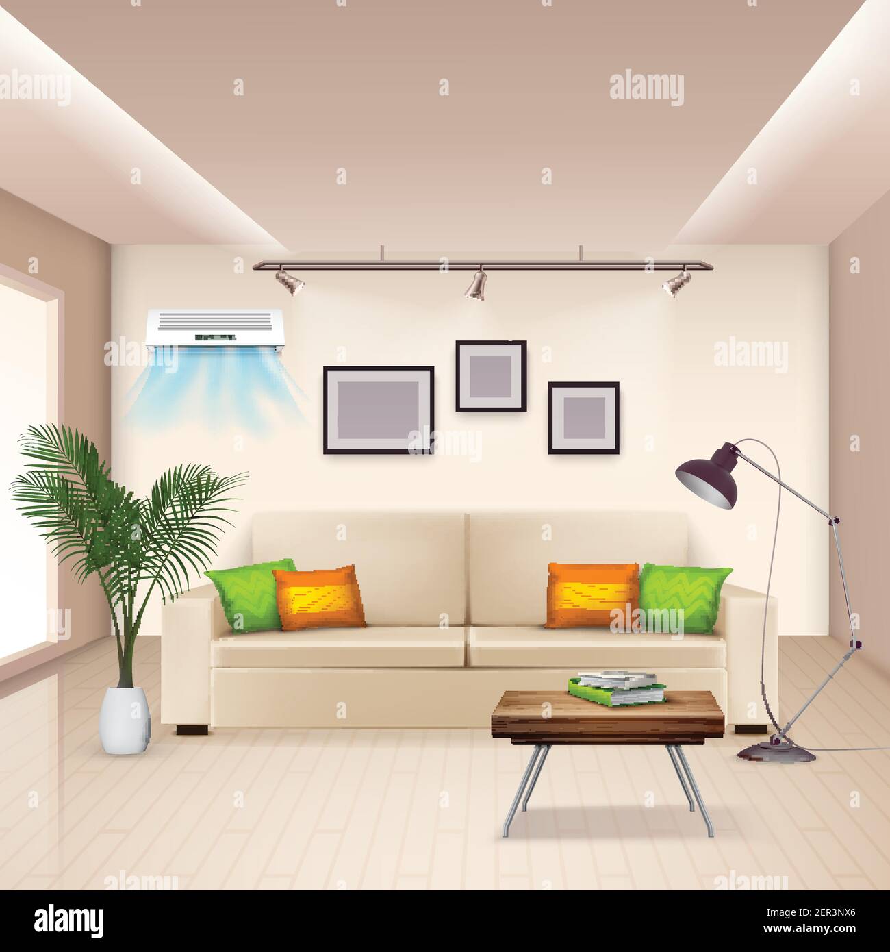 Realistic background with furnished room and modern air conditioner on ...