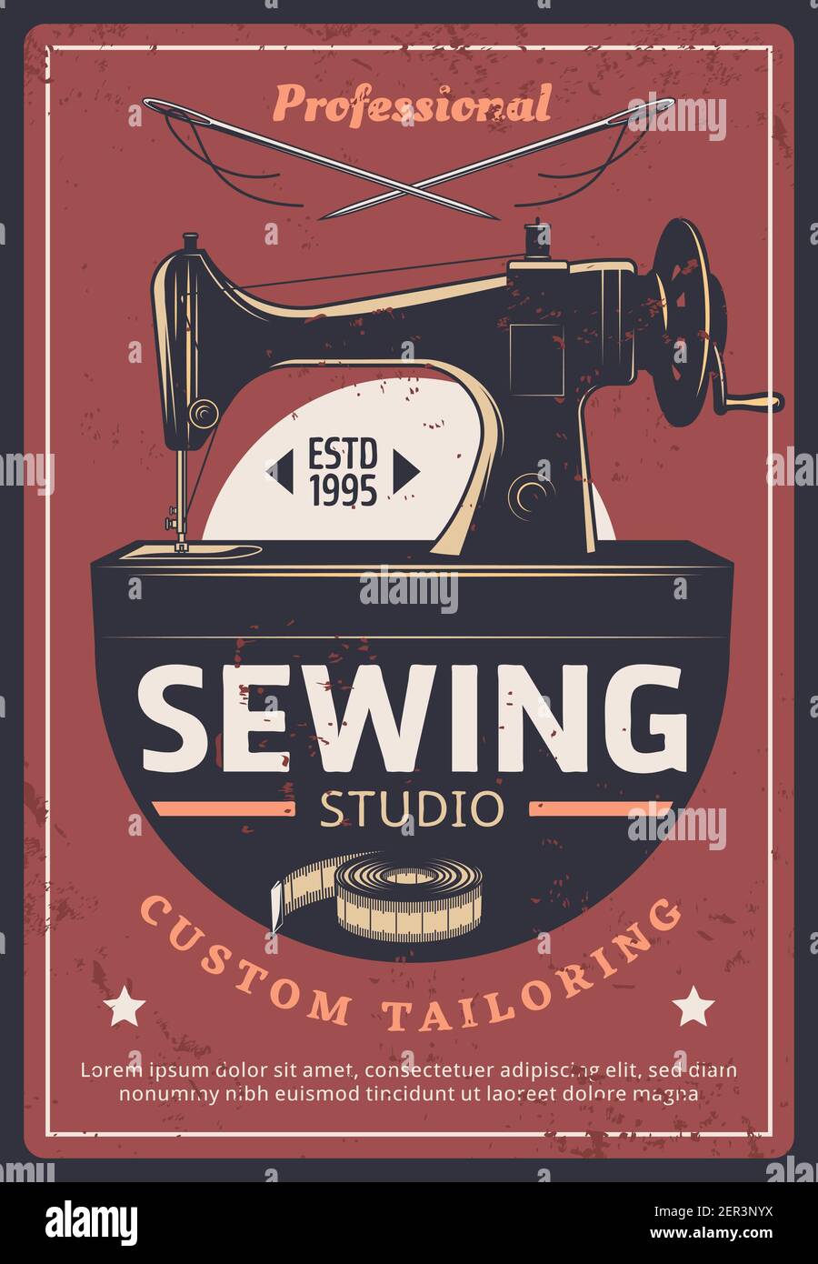 Sewing and tailoring studio, fashion dressmaking salon, vector vintage ...
