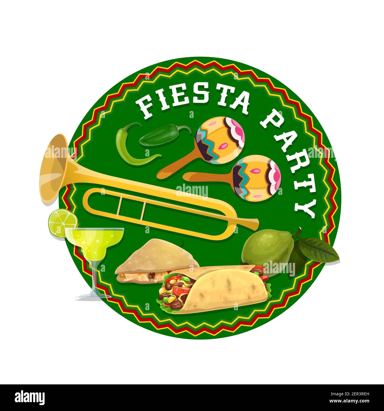 Mexican fiesta party food and drinks. Vector maracas, tequila margarita ...