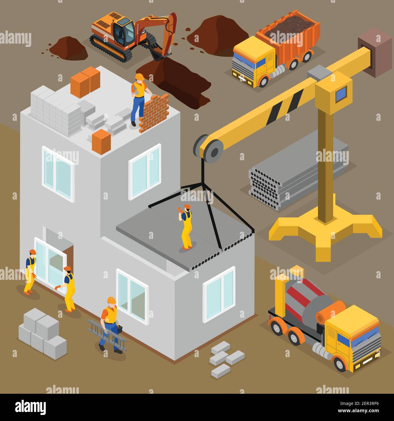 Construction isometric composition with human characters of laborers ...